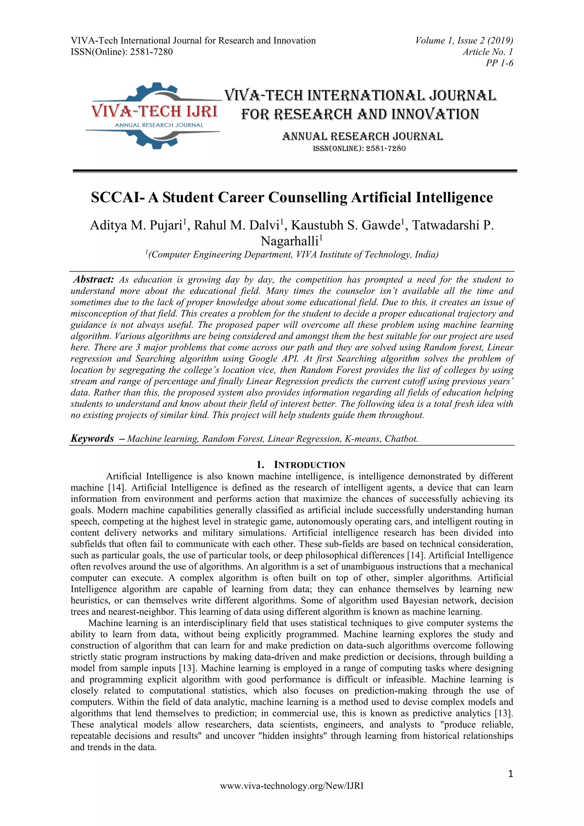 SCCAI- A Student Career Counselling Artificial Intelligence | PDF