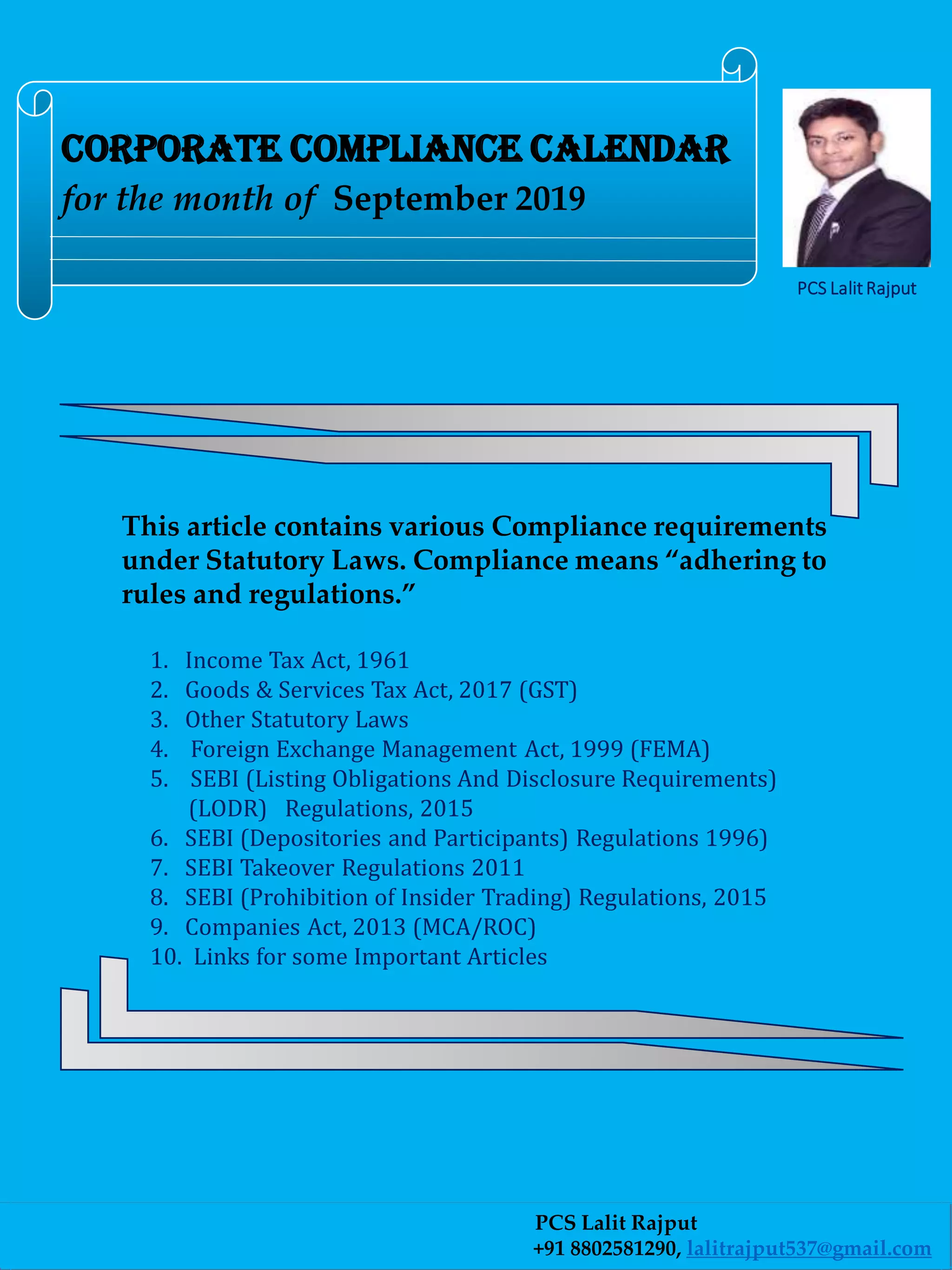 Corporate Compliance Calendar for the month of September 2019 | PDF