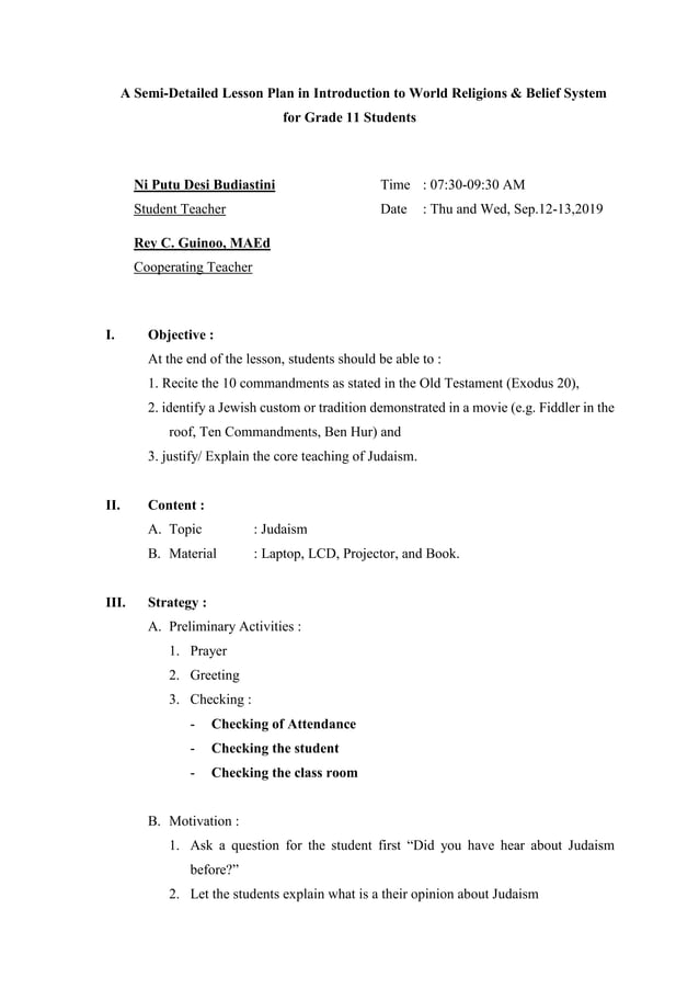 1.lesson plan judaism in literature for grade 11 students | PDF