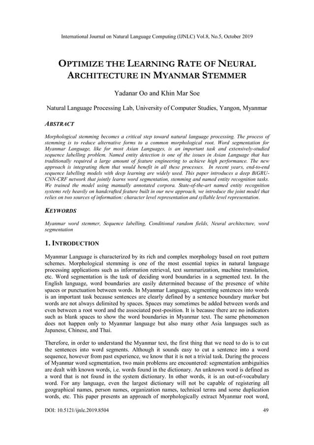 OPTIMIZE THE LEARNING RATE OF NEURAL ARCHITECTURE IN MYANMAR STEMMER | PDF