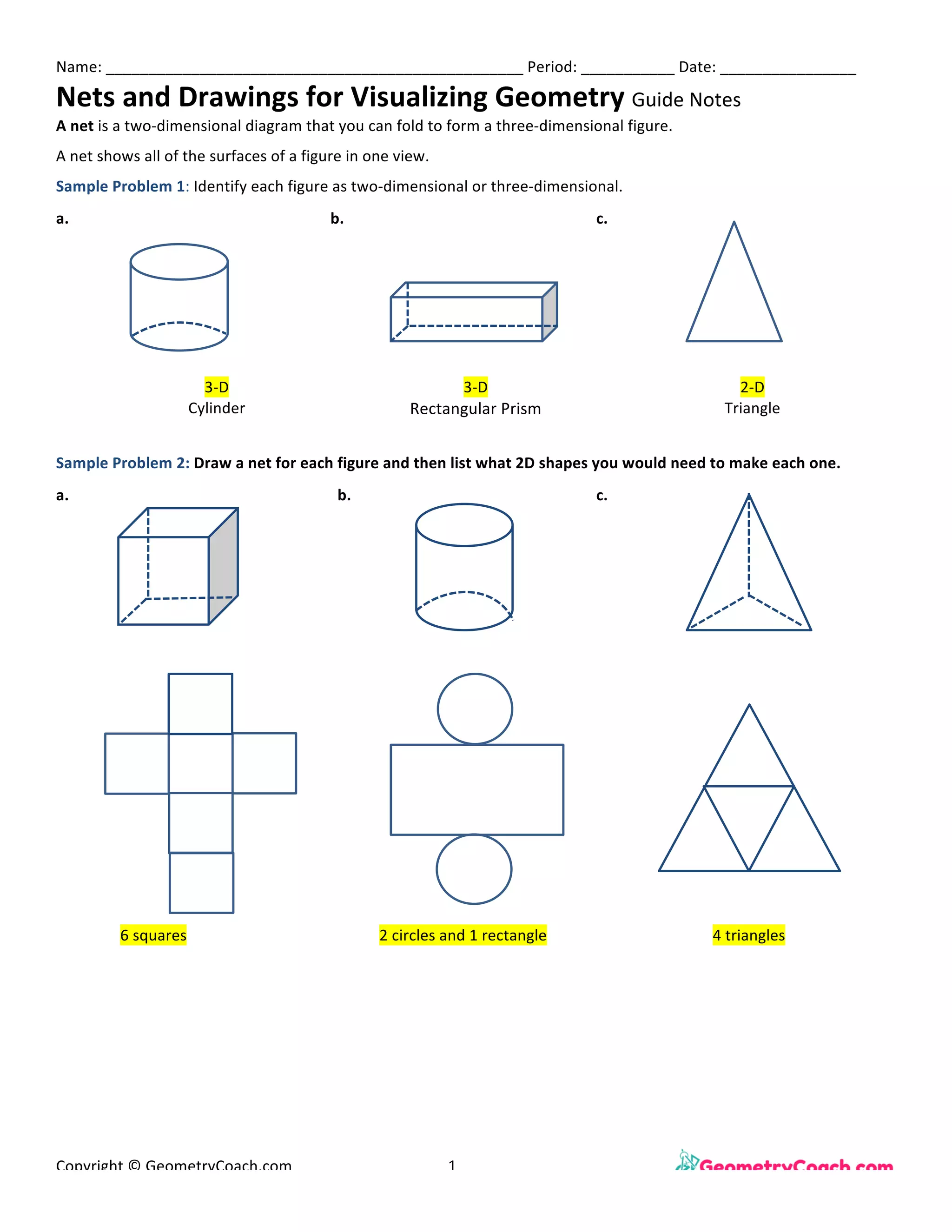 1-1 Guide Notes Teacher Edition - Nets and Drawings for Visualizing ...