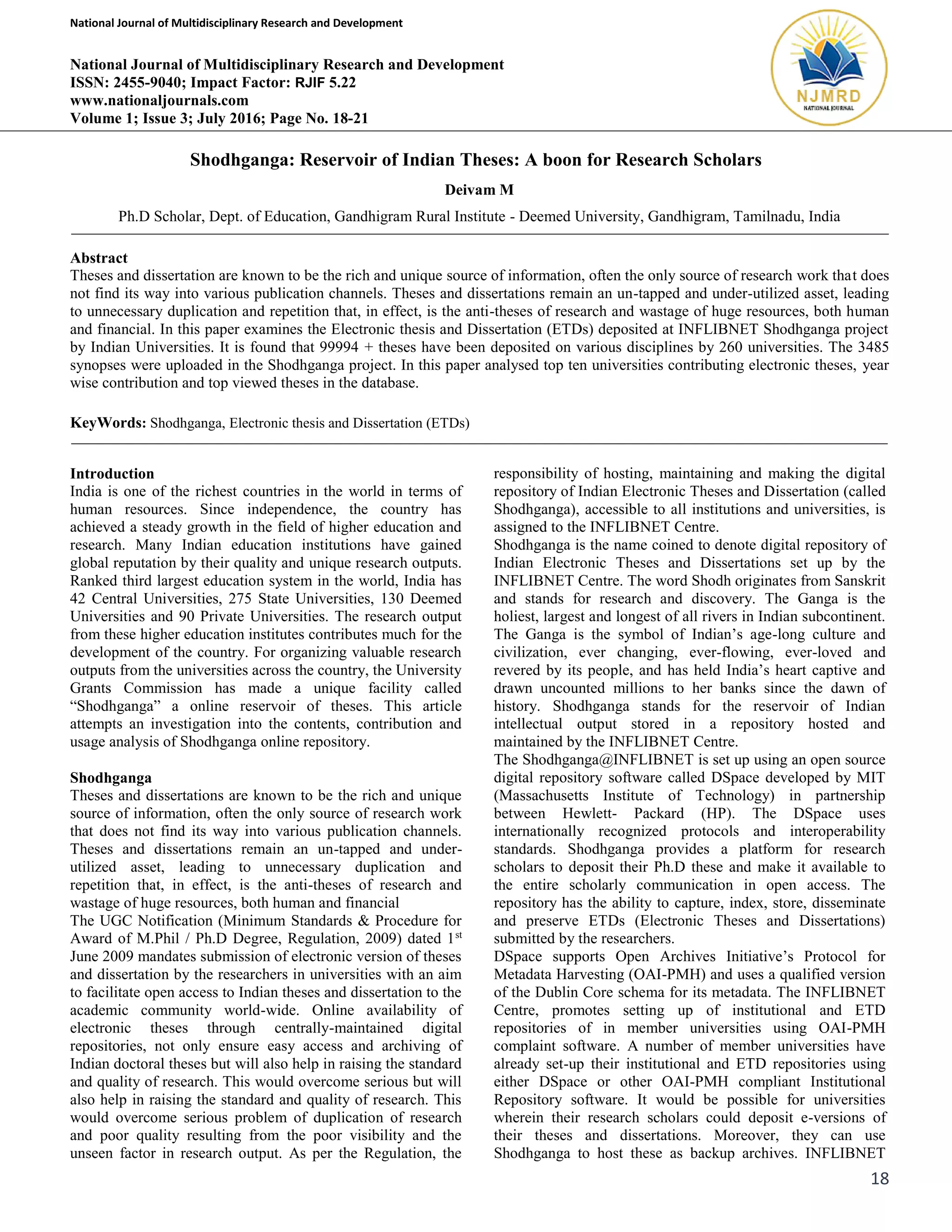 Shodhganga: Reservoir of Indian Theses: A boon for Research Scholars | PDF