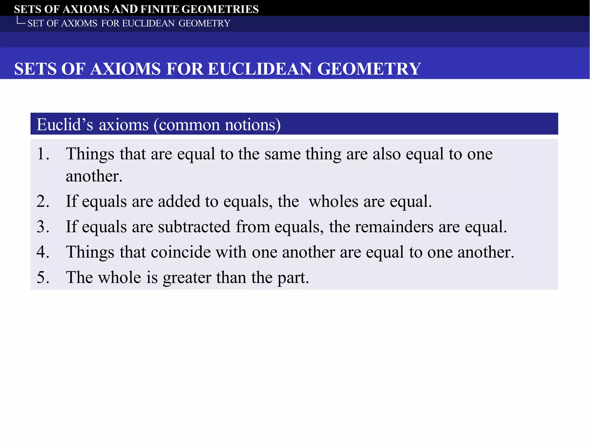 Sets of Axioms and Finite Geometries | PDF