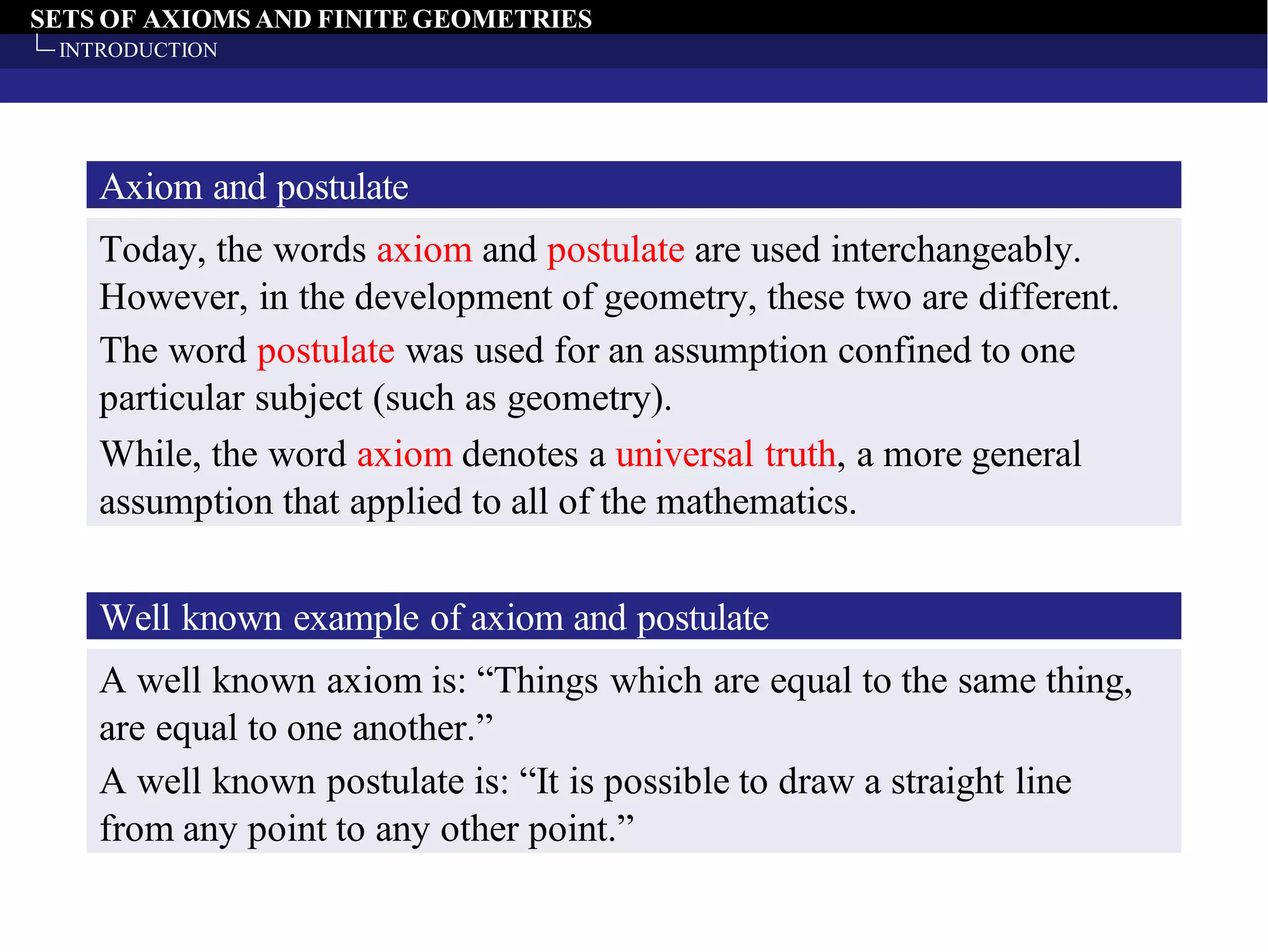 Sets of Axioms and Finite Geometries | PDF