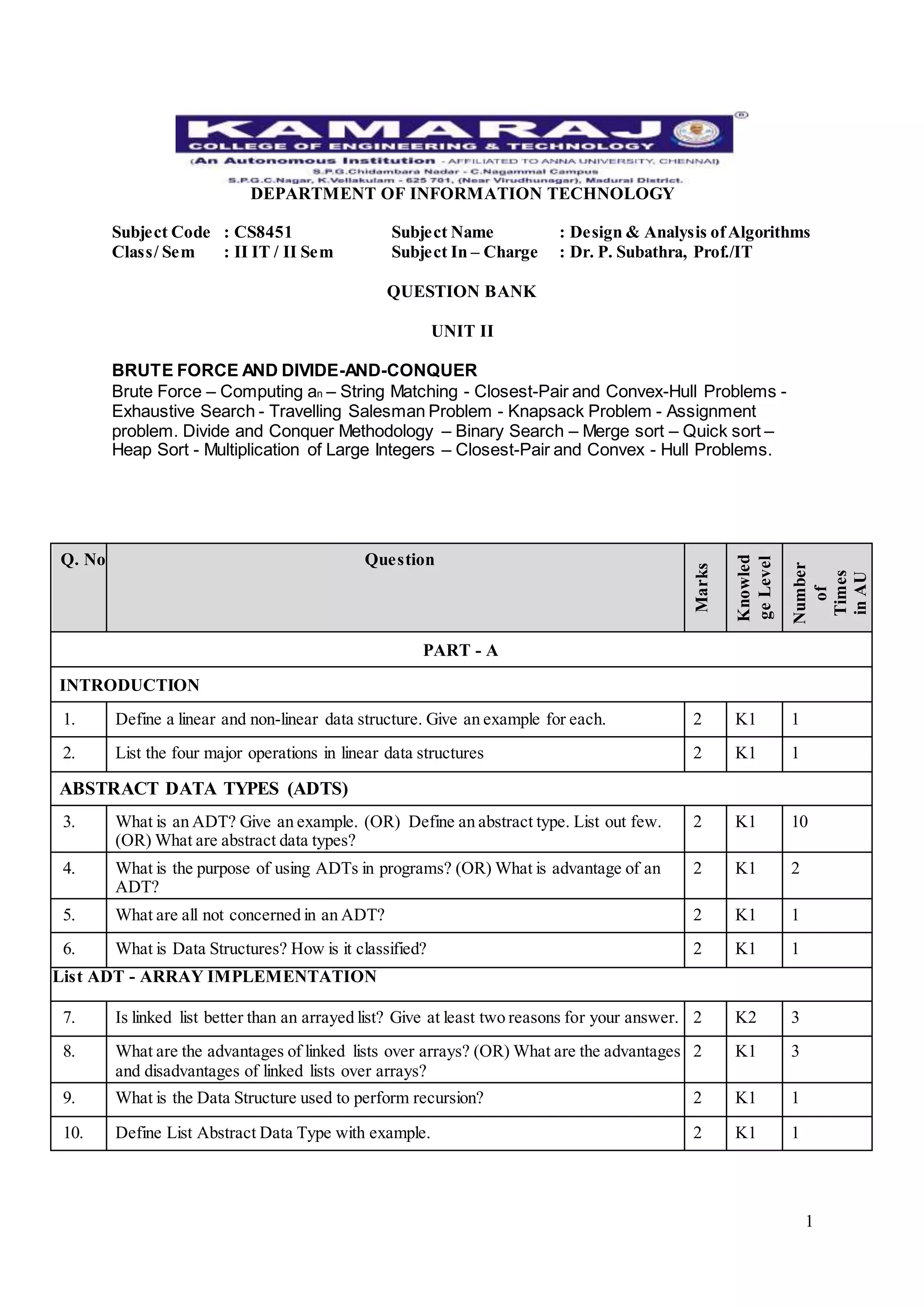 1. cs8451 daa anna univ question bank unit 1 | DOC | Programming Languages | Computing