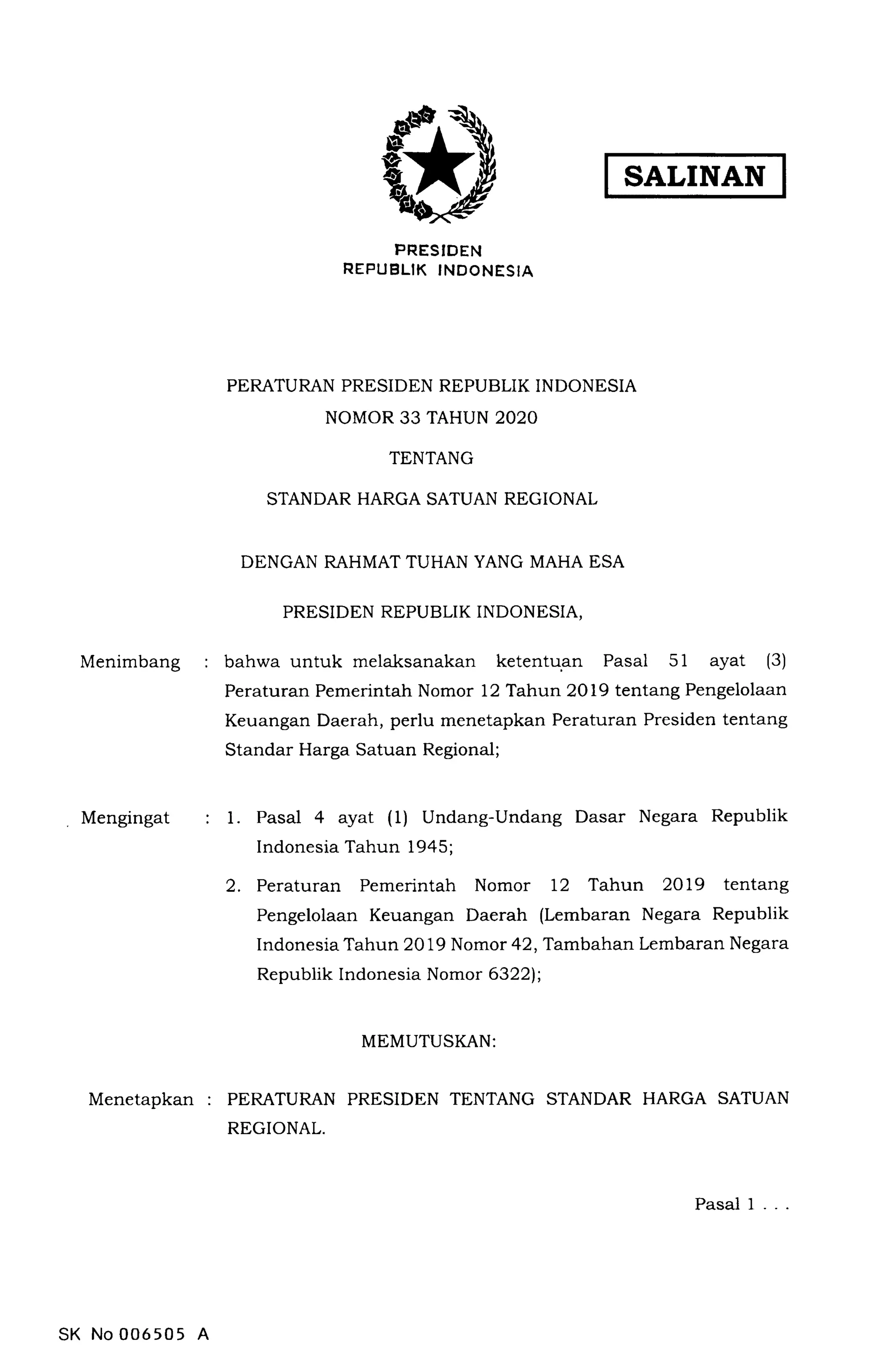 NOMOR 33 TAHUN 2020 TENTANG STANDAR HARGA SATUAN REGIONAL | PDF