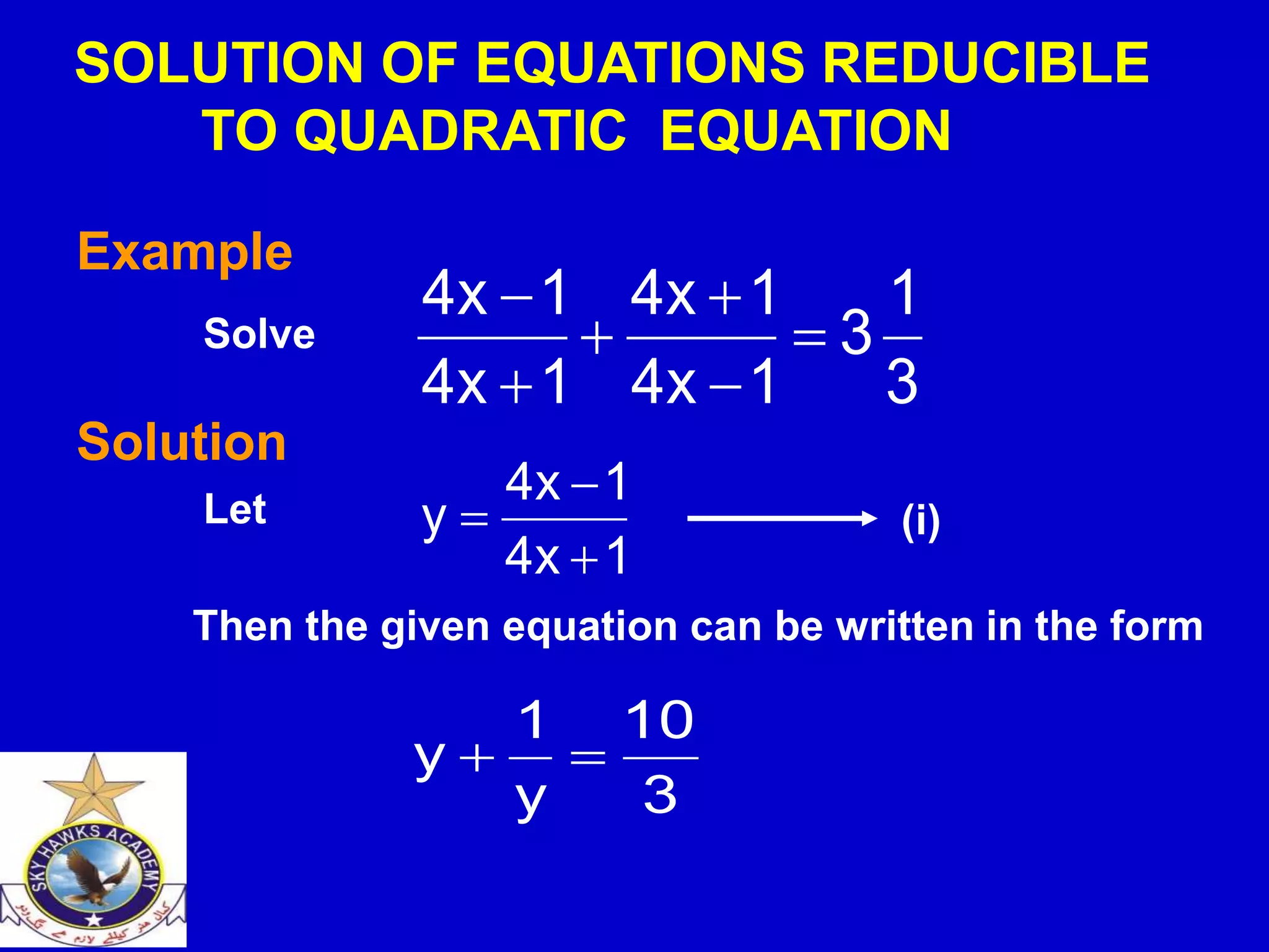 REDUCIBLE QUADRATIC EQUATIONS | PPT