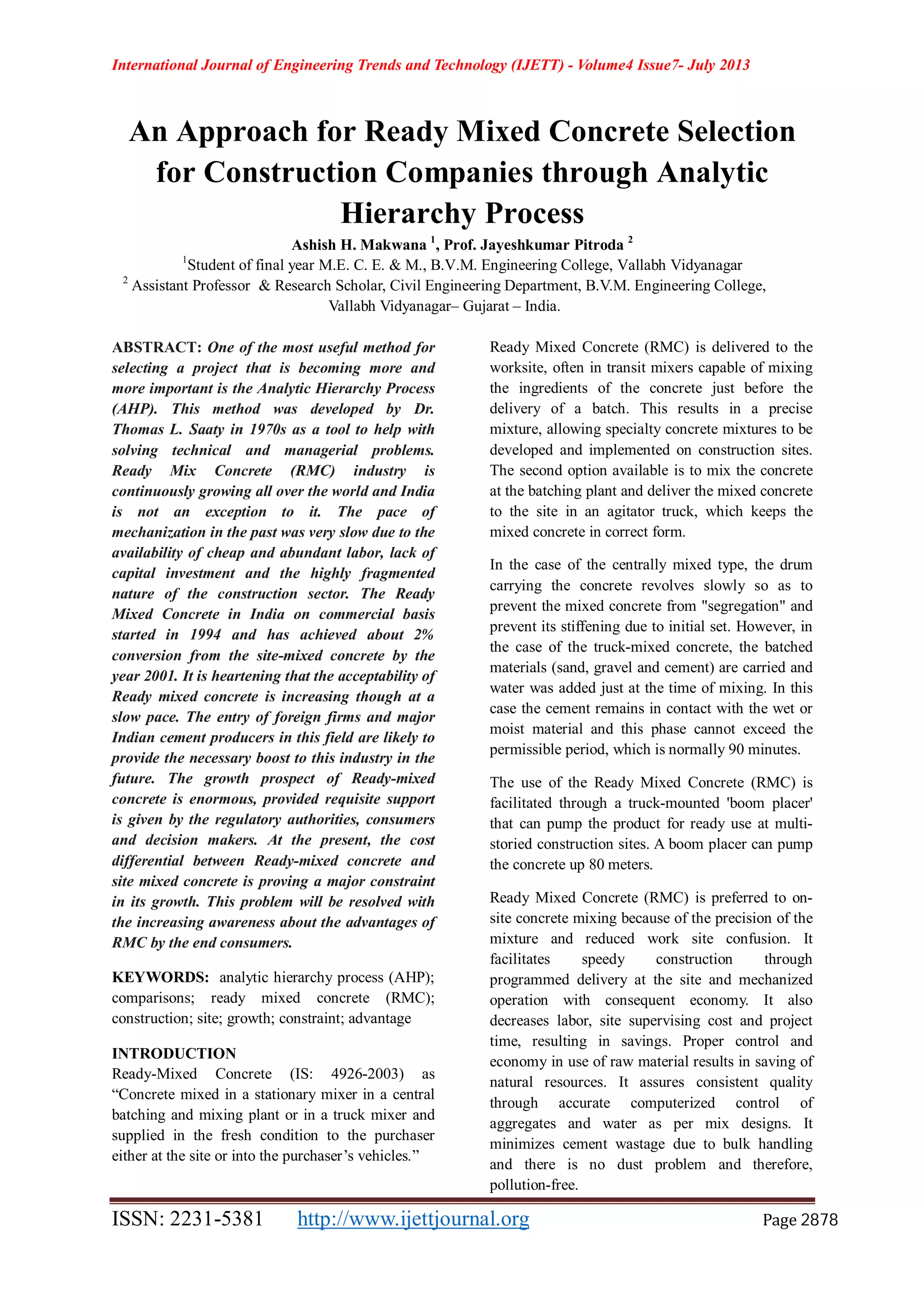 An Approach for Ready Mixed Concrete Selection for Construction Companies through Analytic ...