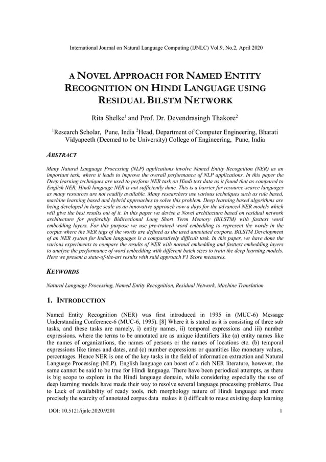 A NOVEL APPROACH FOR NAMED ENTITY RECOGNITION ON HINDI LANGUAGE USING RESIDUAL BILSTM NETWORK | PDF