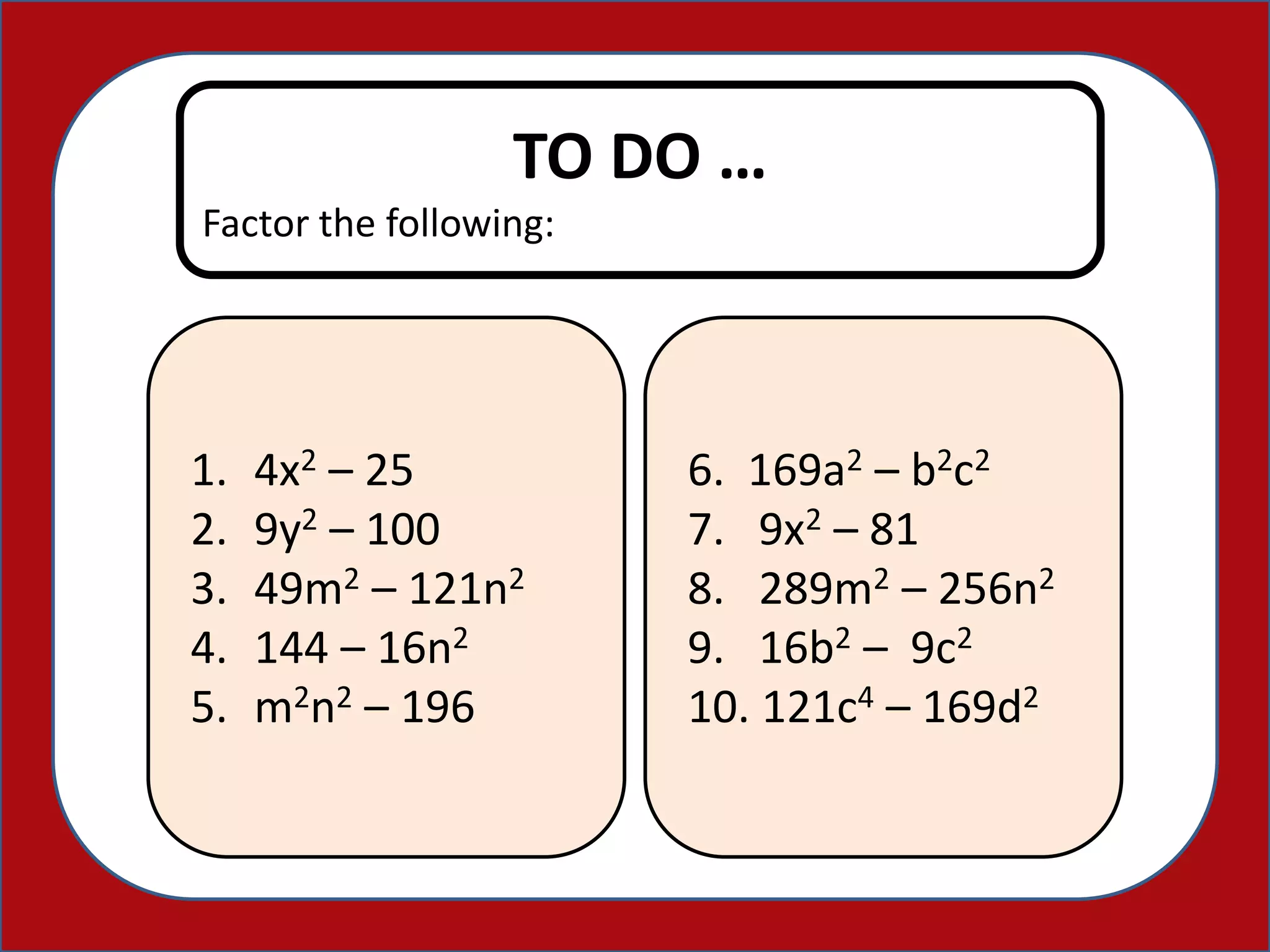 1.1 ss factoring the difference of two squares | PPT