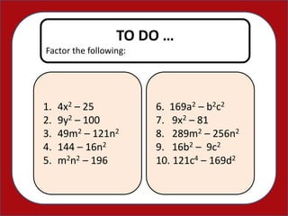 1.1 ss factoring the difference of two squares | PPTX