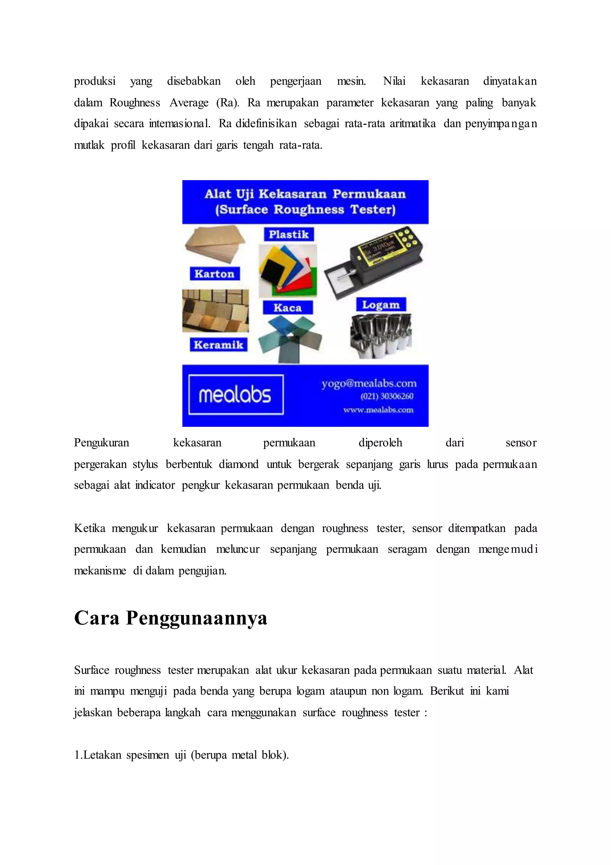1. Alat Ukur Kekasaran Permukaan, Surface Roughness Tester | DOCX