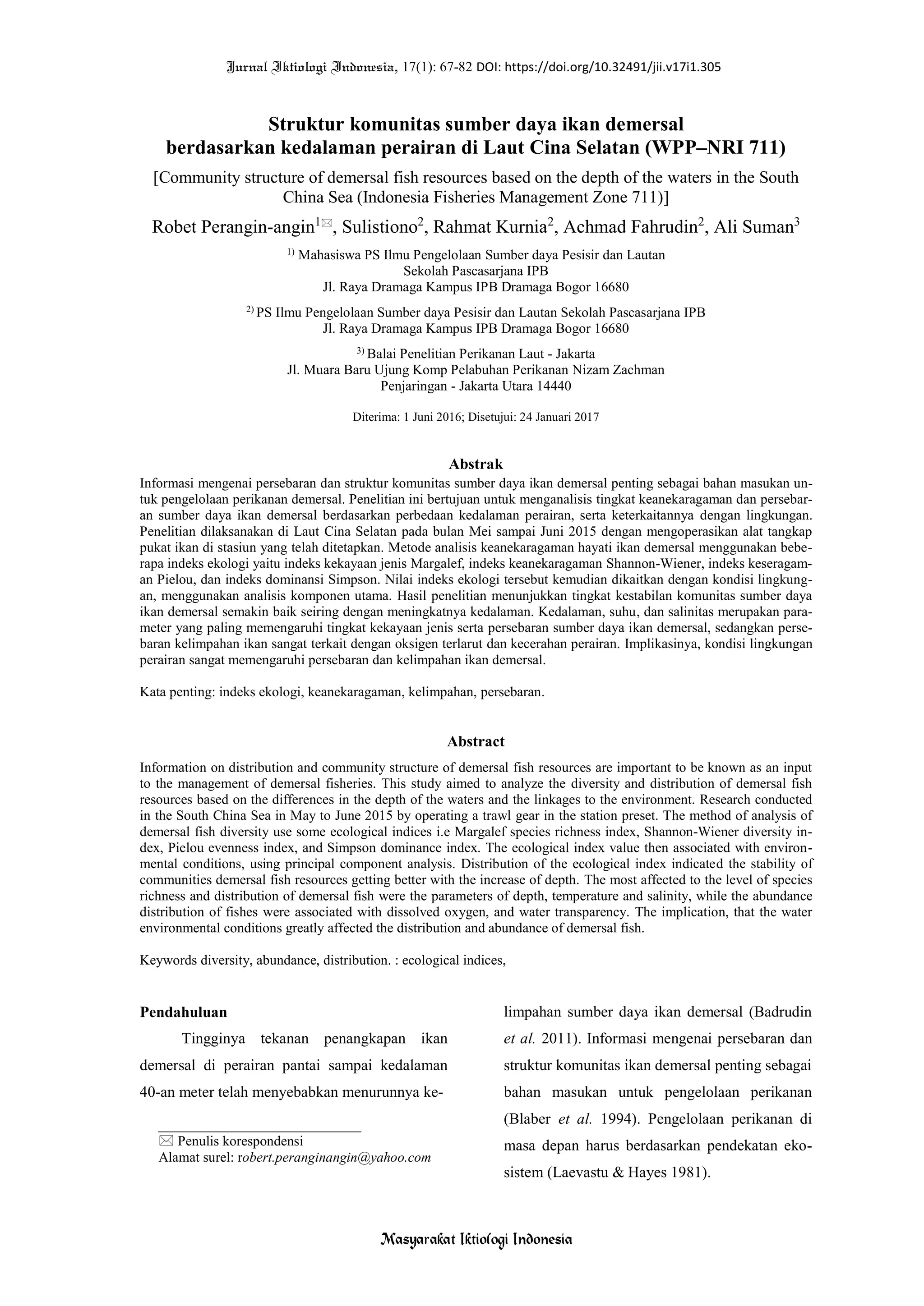 Struktur komunitas sumber daya ikan demersal berdasarkan kedalaman perairan di Laut Cina Selatan ...
