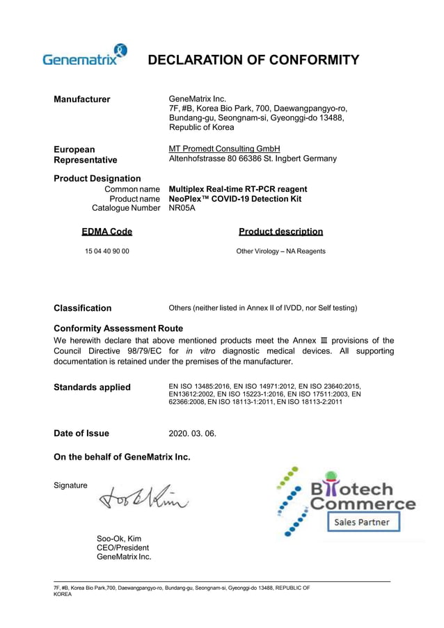 neoplex pcr test kit [genematrix] declaration of conformity_rev00_neo ...