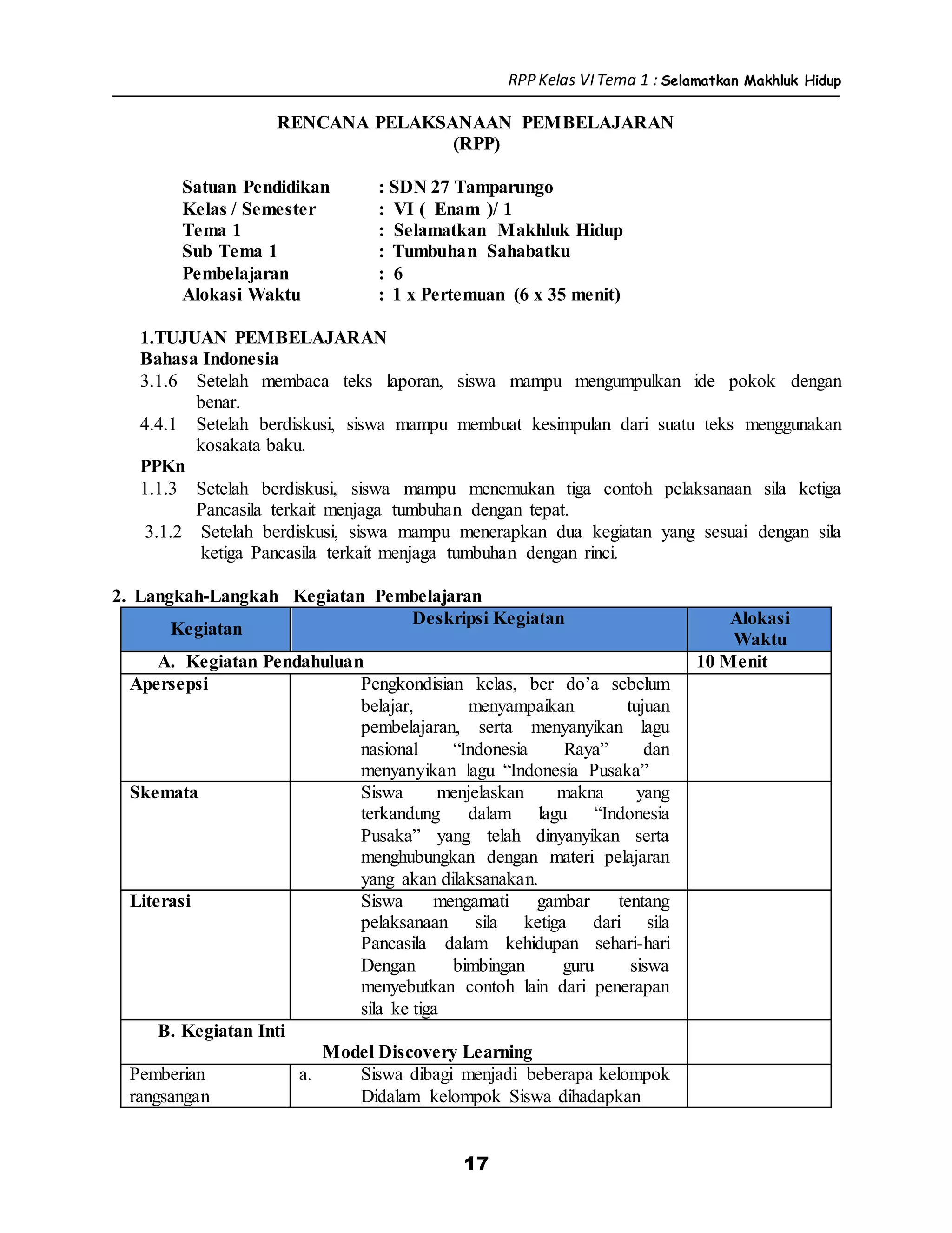 1. rpp kelas vi tema 1 selamatkan makhluk hidup | PDF