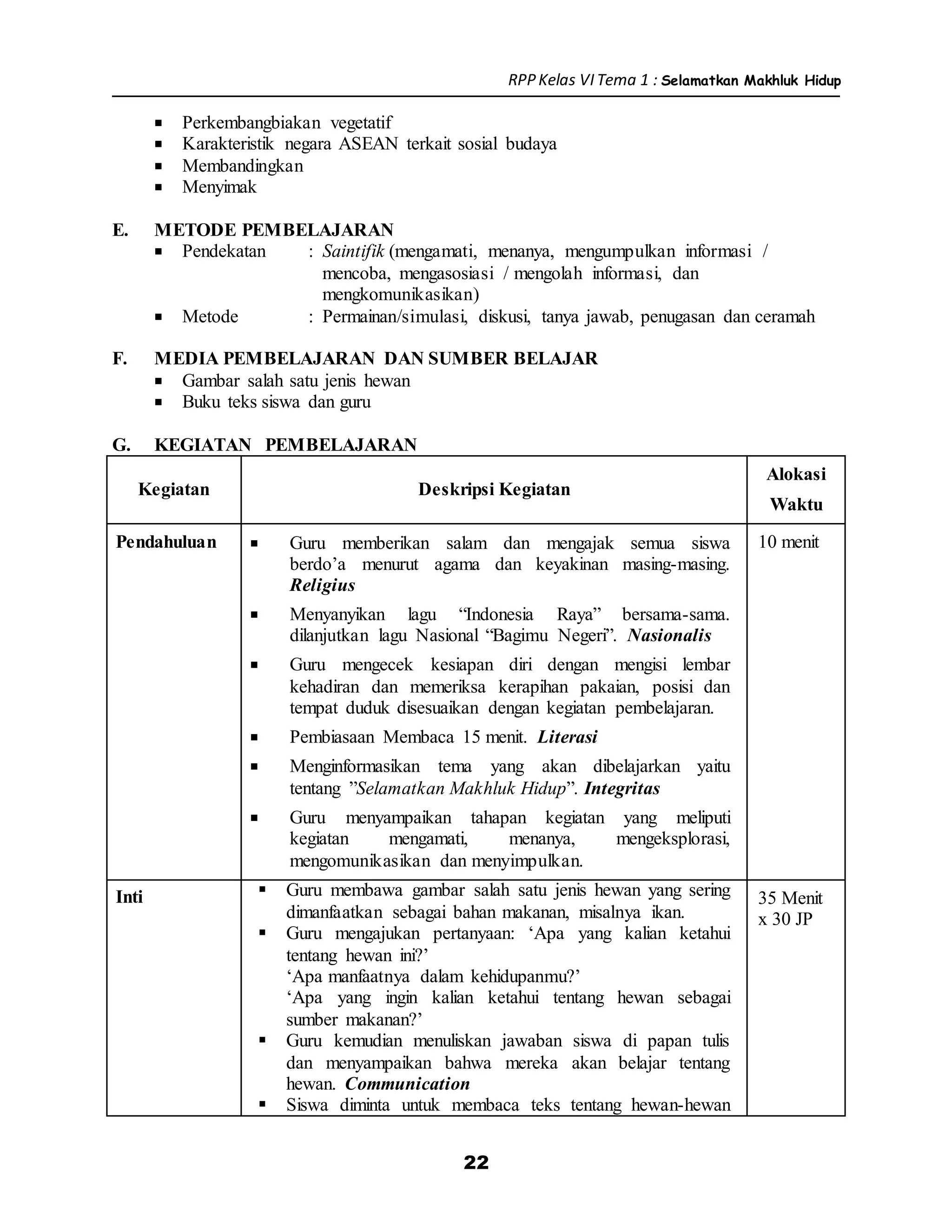 1. rpp kelas vi tema 1 selamatkan makhluk hidup | PDF