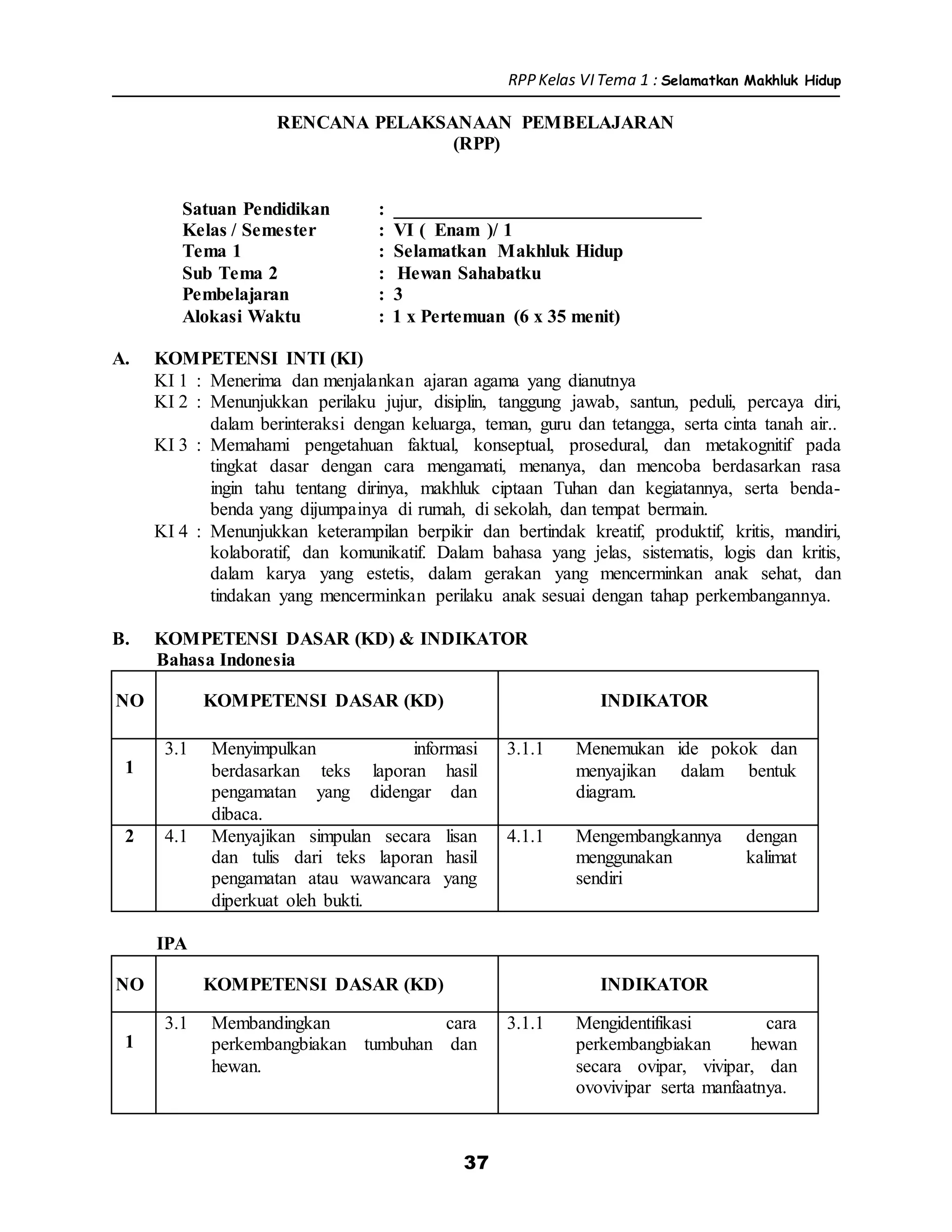 1. rpp kelas vi tema 1 selamatkan makhluk hidup | PDF