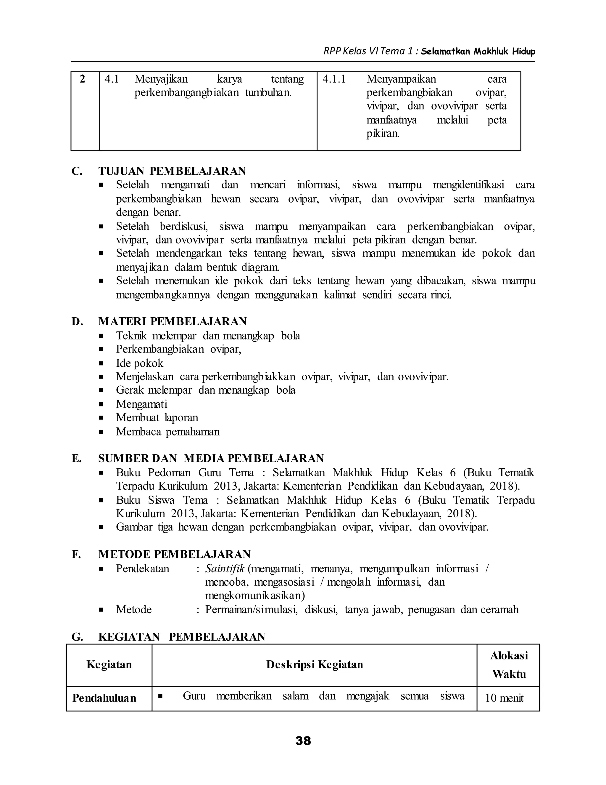 1. rpp kelas vi tema 1 selamatkan makhluk hidup | PDF