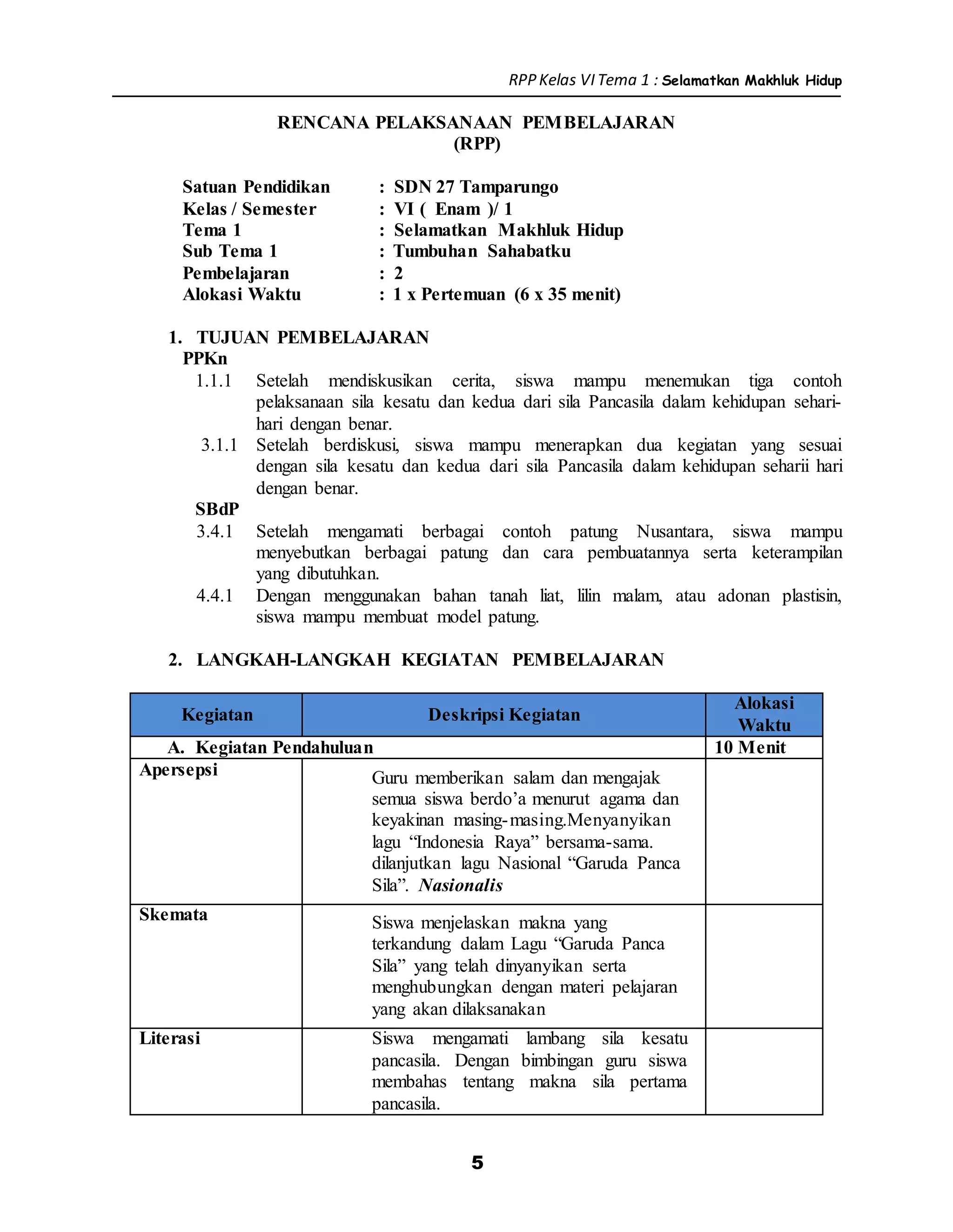1. rpp kelas vi tema 1 selamatkan makhluk hidup | PDF