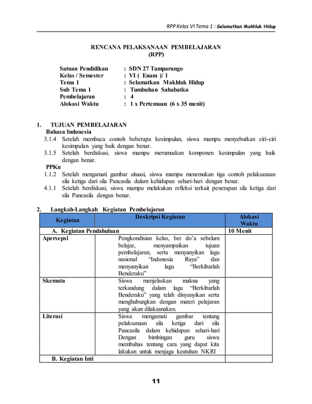 1. rpp kelas vi tema 1 selamatkan makhluk hidup | PDF