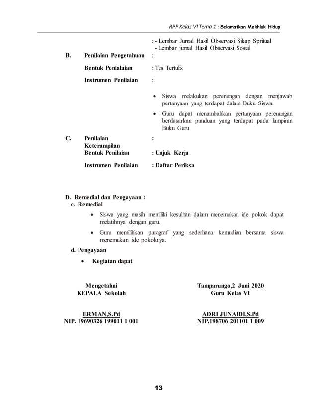 1. rpp kelas vi tema 1 selamatkan makhluk hidup | PDF