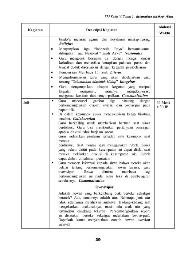 1. rpp kelas vi tema 1 selamatkan makhluk hidup | PDF