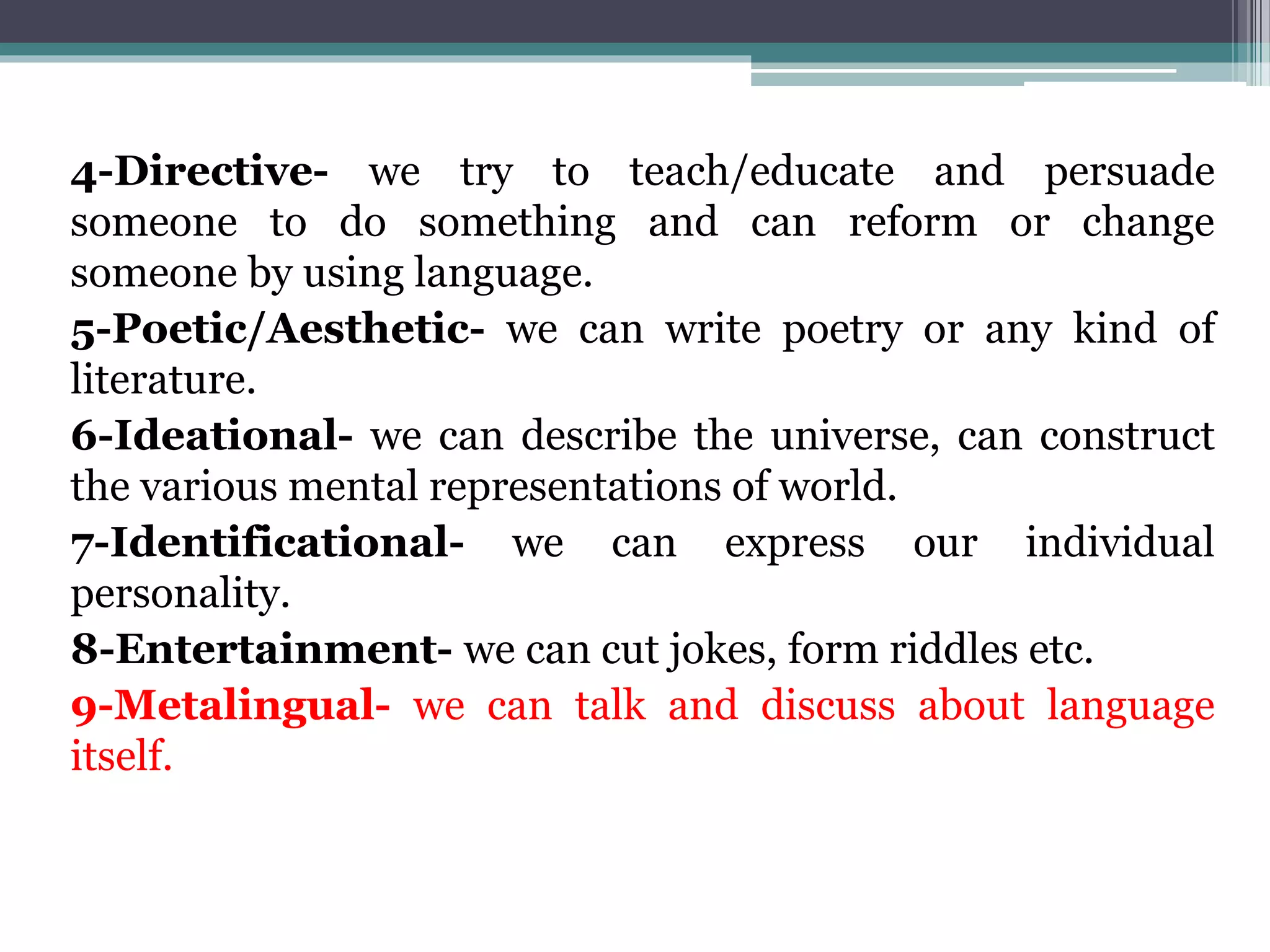 Design features or properties / Functions of language | PPTX