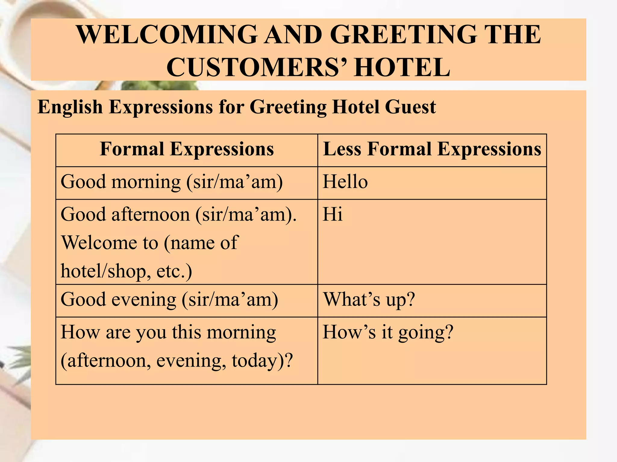 ENGLISH FOR HOTEL: WELCOMING AND GREETING EXPRESSION | PPT