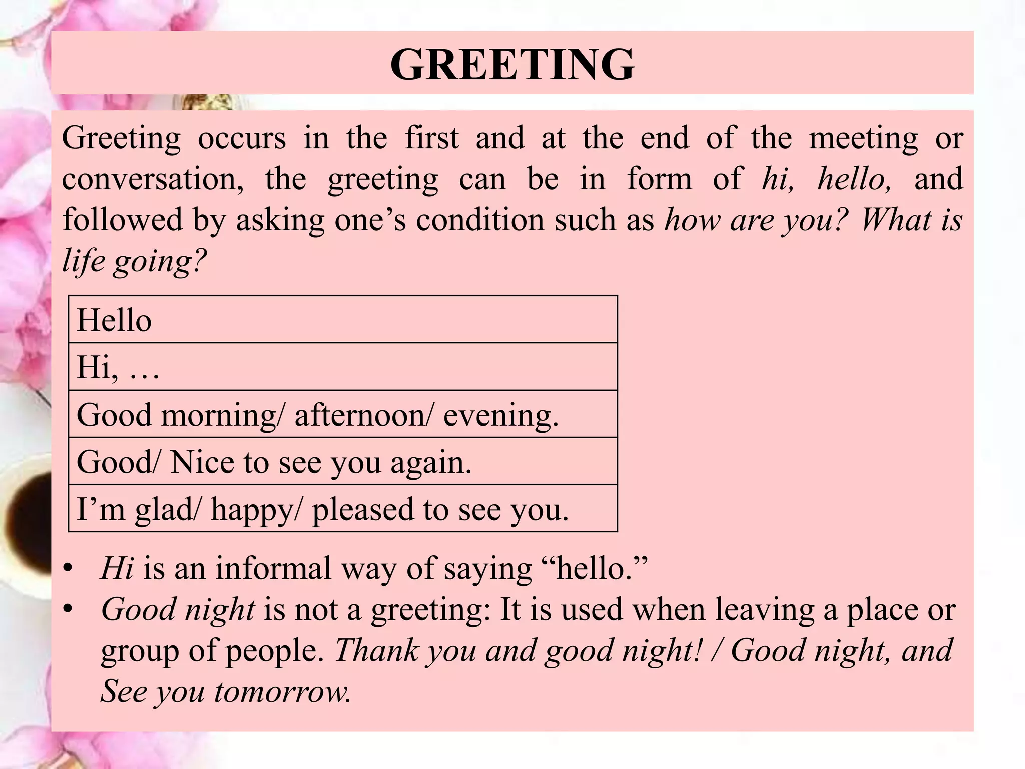LANGUAGE FUNCTION: GREETING AND LEAVE-TAKING | PPT