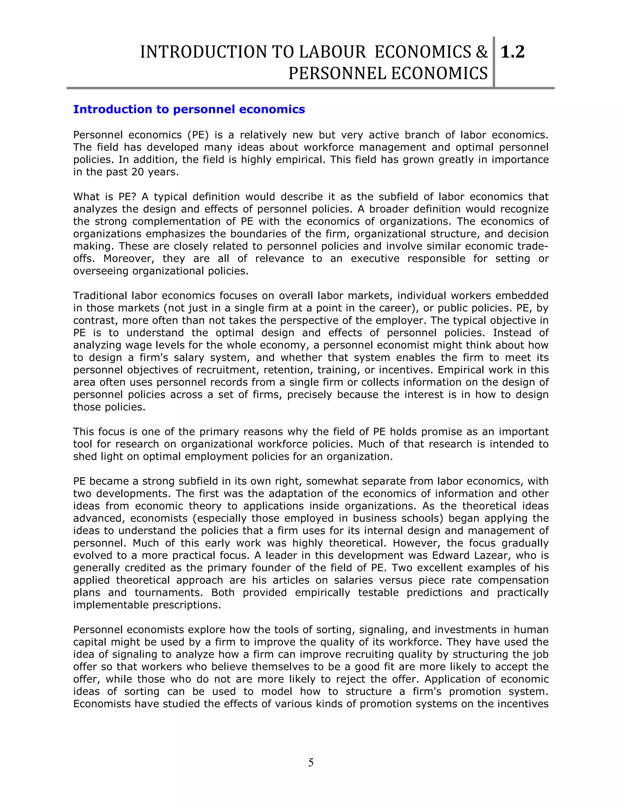 introduction to labour economics and personnel economics. | PDF