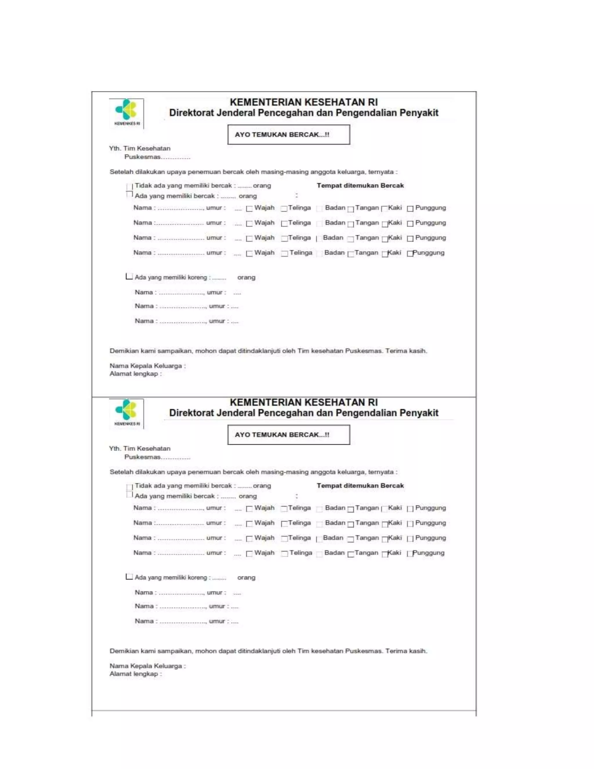 formulir pemeriksaan suspek kusta (lampiran pencatatan 1) | DOCX