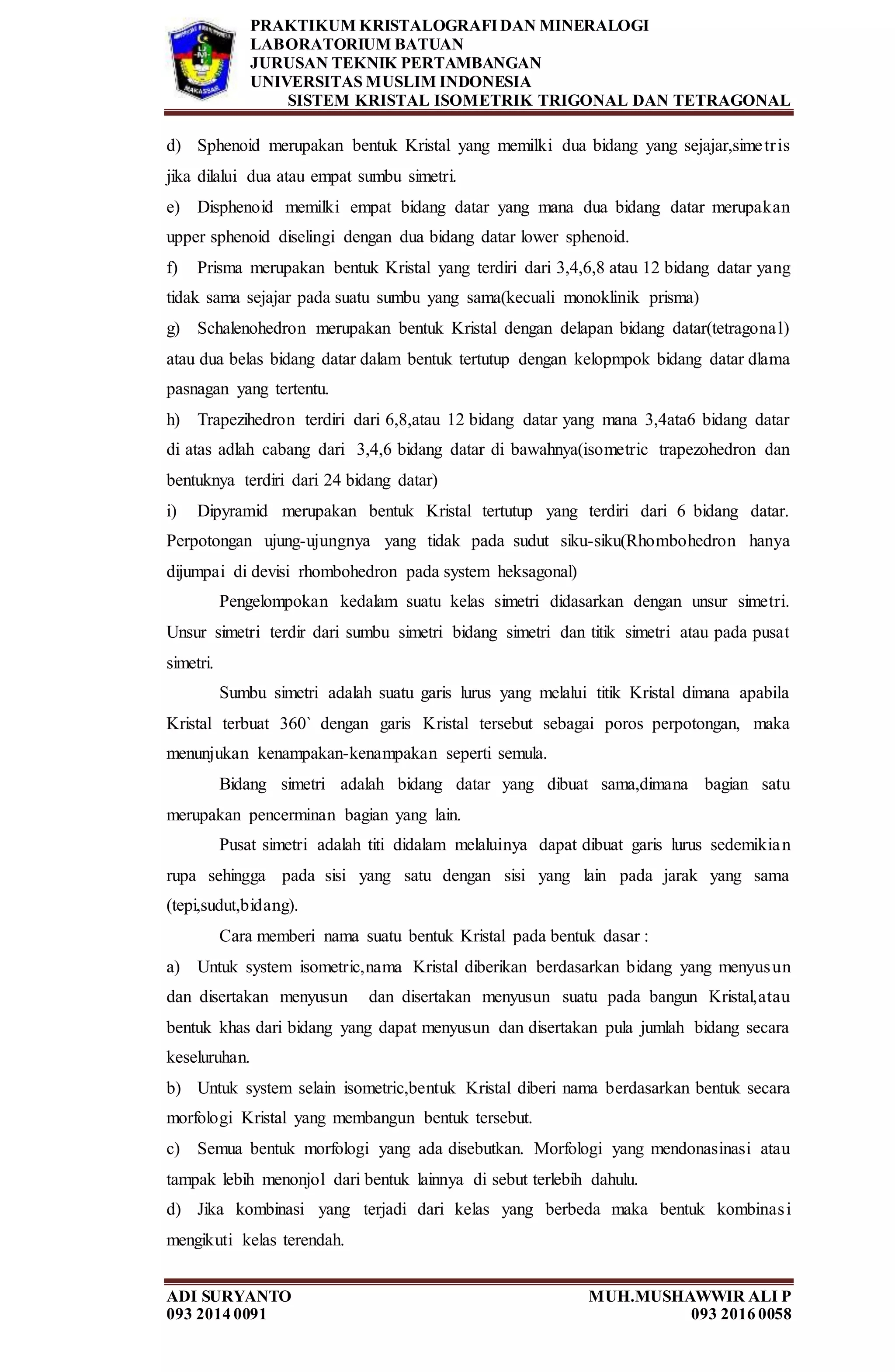 1. laporan sistem kristal isometrik trigonal dan tetragonal | DOCX