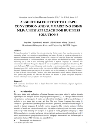 ALGORITHM FOR TEXT TO GRAPH CONVERSION AND SUMMARIZING USING NLP: A NEW APPROACH FOR BUSINESS ...
