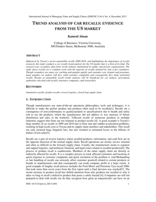 TREND ANALYSIS OF CAR RECALLS: EVIDENCE FROM THE US MARKET | PDF