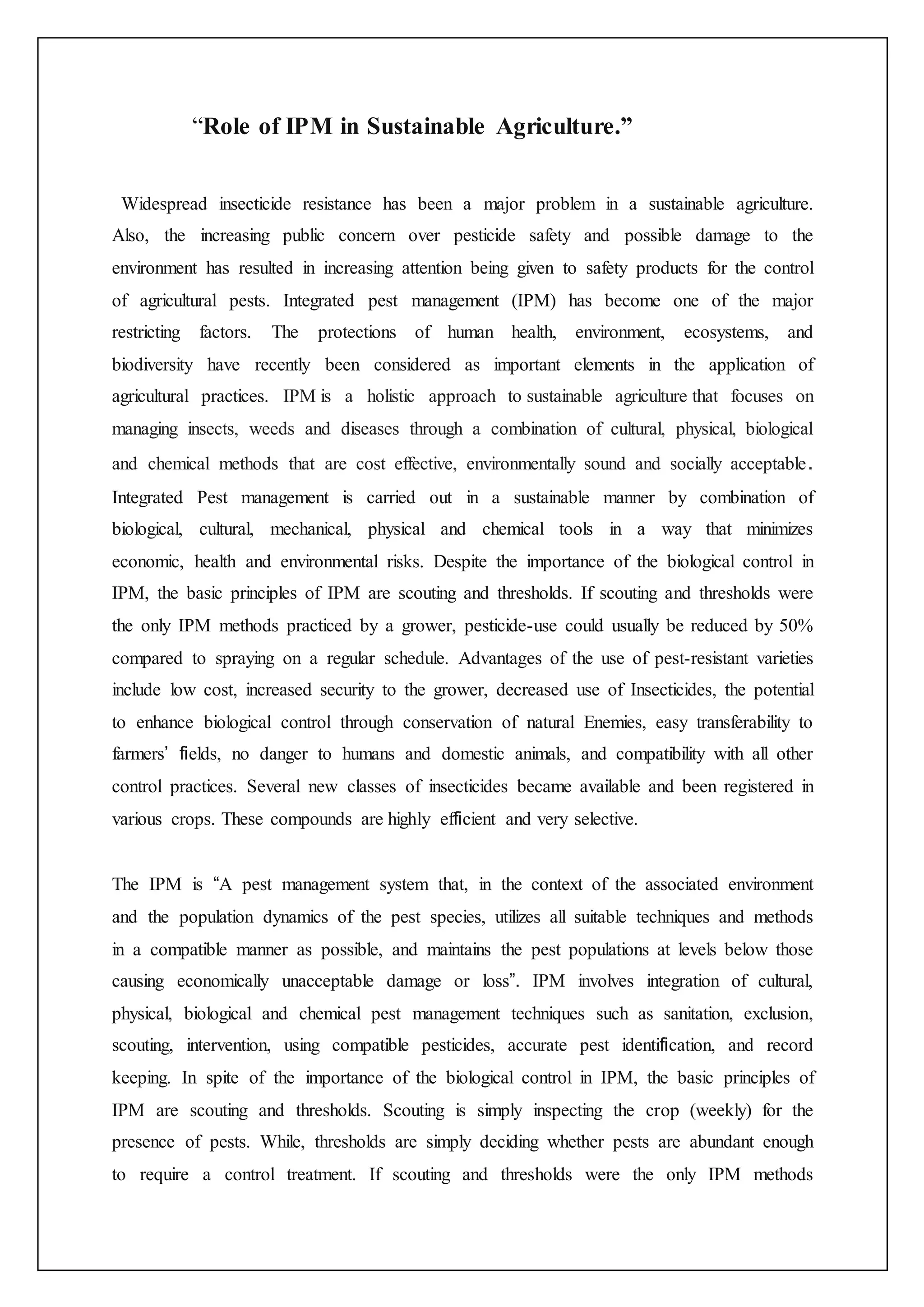 Role of IPM in Sustainable Agriculture | DOCX