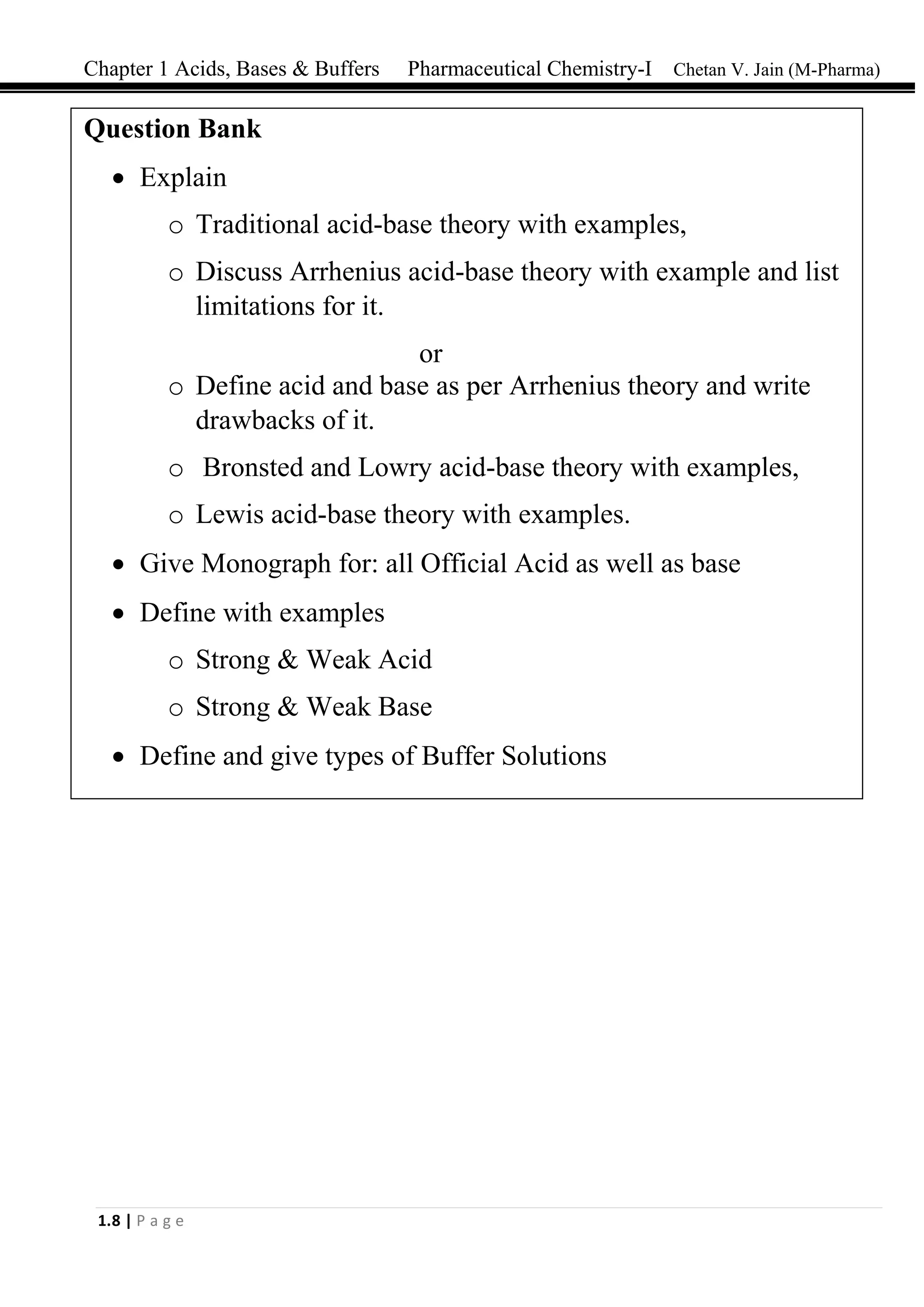 Chapter No 1 : Acids, Bases and Buffers | PDF | Chemistry | Science