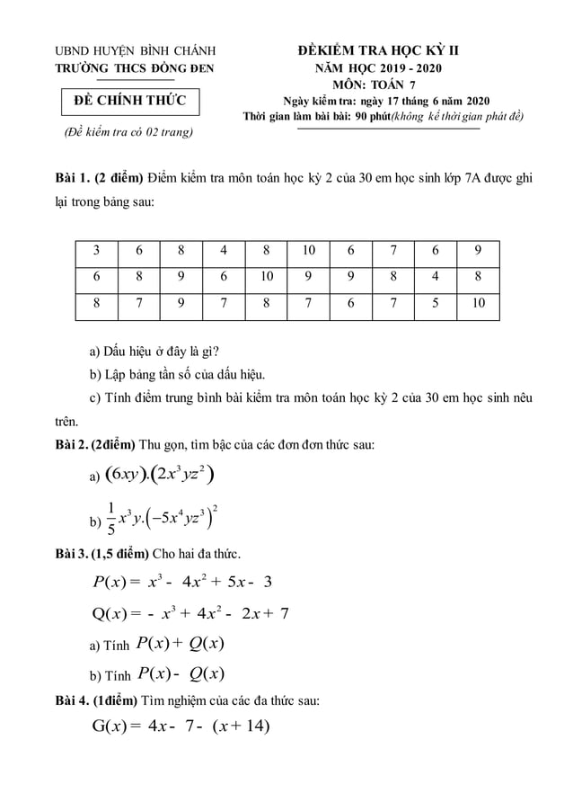 Đề Thi HK2 Toán 7 - THCS Đồng Đen | PDF