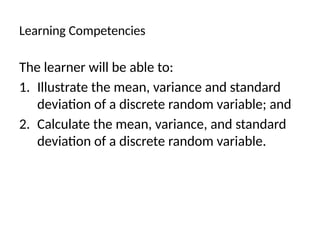 mean, variance, and standard deviation of a discrete random variable | PPT