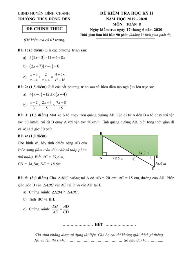 Đề Thi HK2 Toán 8 - THCS Đồng Đen | DOC