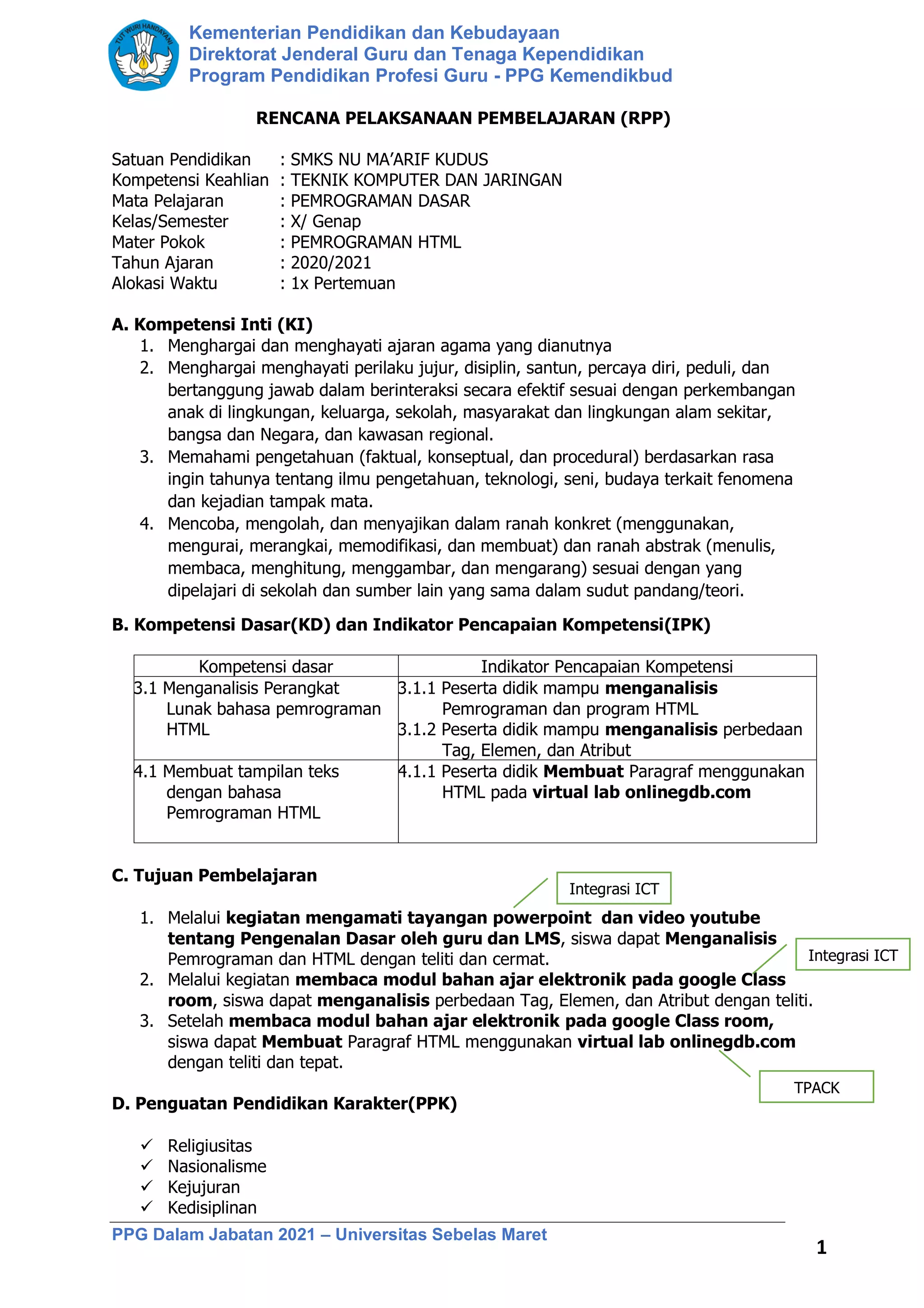 RPP daring problem based learning - joko santoso | PDF