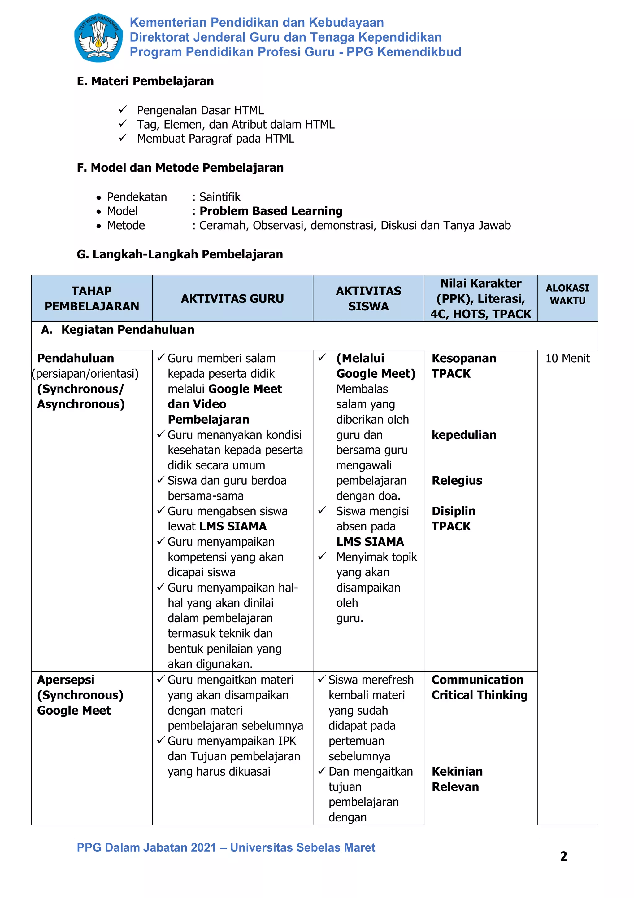 RPP daring problem based learning - joko santoso | PDF