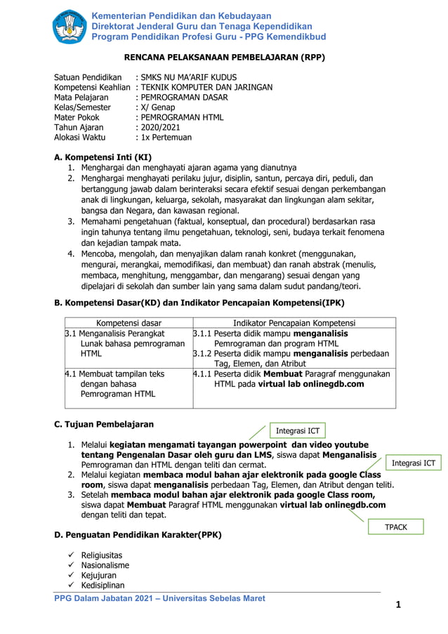 RPP daring problem based learning - joko santoso | PDF