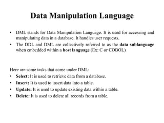DBMS languages/ Types of SQL Commands | PPTX