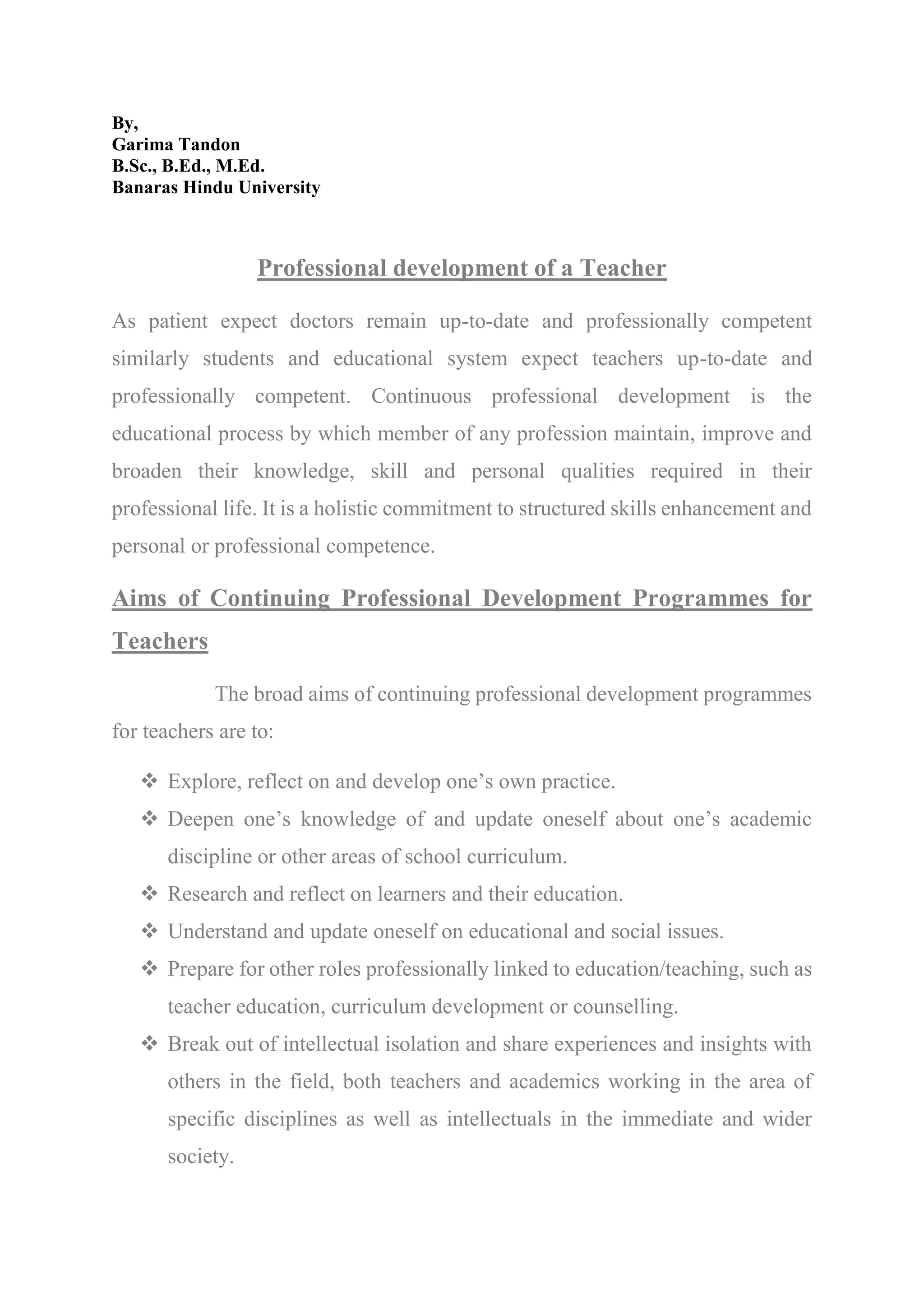 Professional development of a Teacher by Garima Tandon | PDF