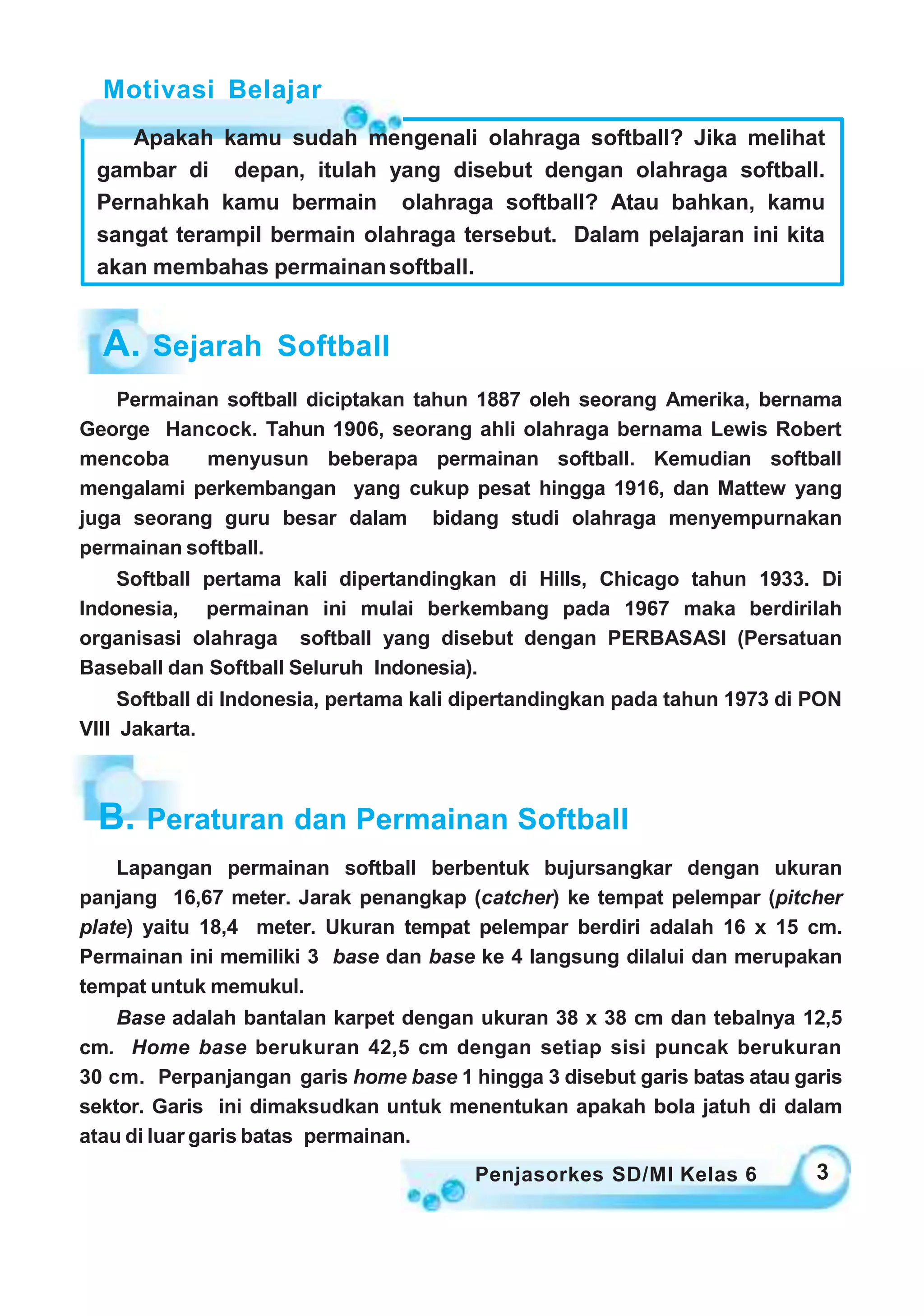 1. materi pjok kelas 6 bab 1 permainan softball | PDF