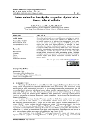 Indoor and outdoor investigation comparison of photovoltaic thermal air collector | PDF