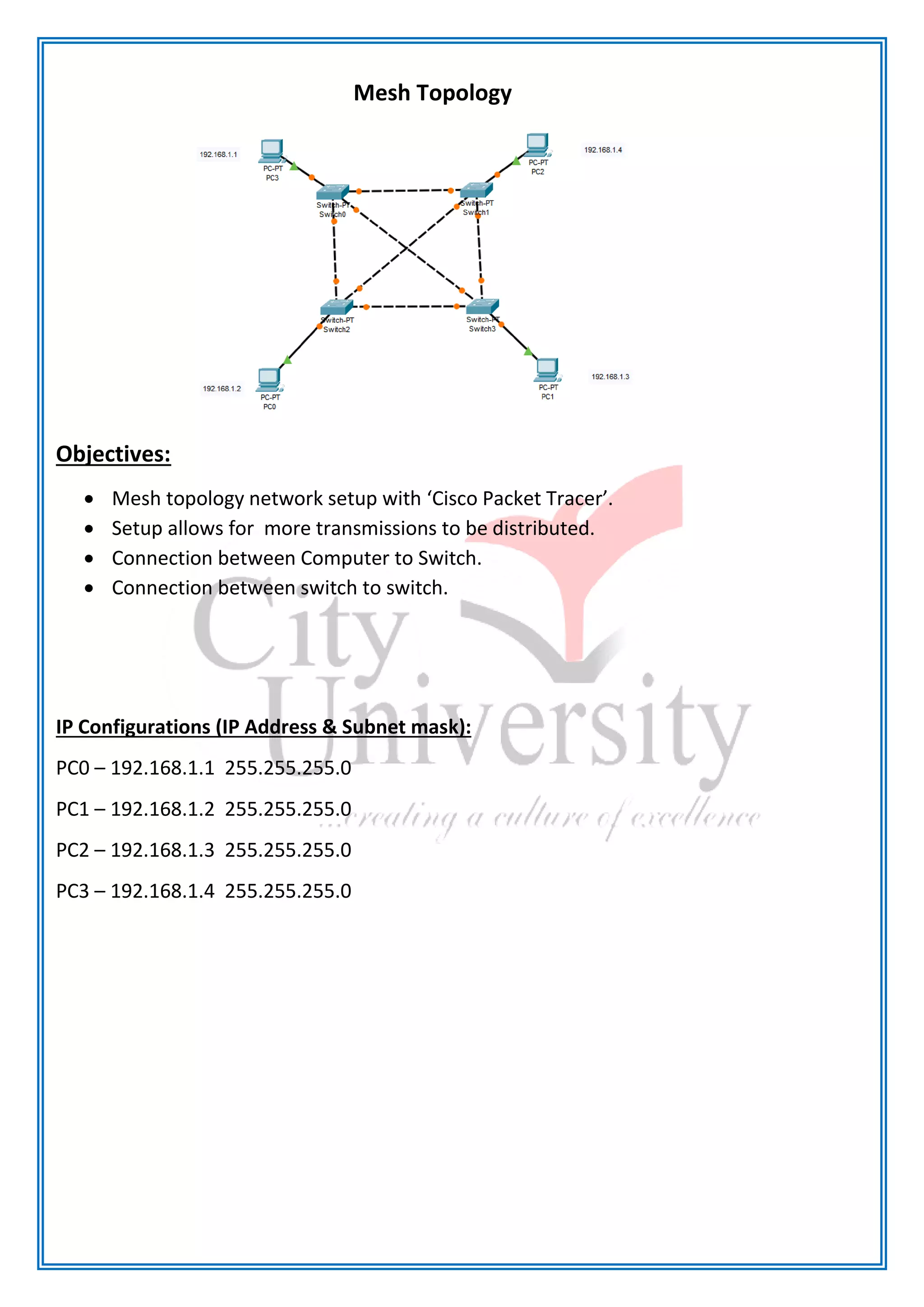 Mesh Topology design with Cisco Packet Tracer | PDF