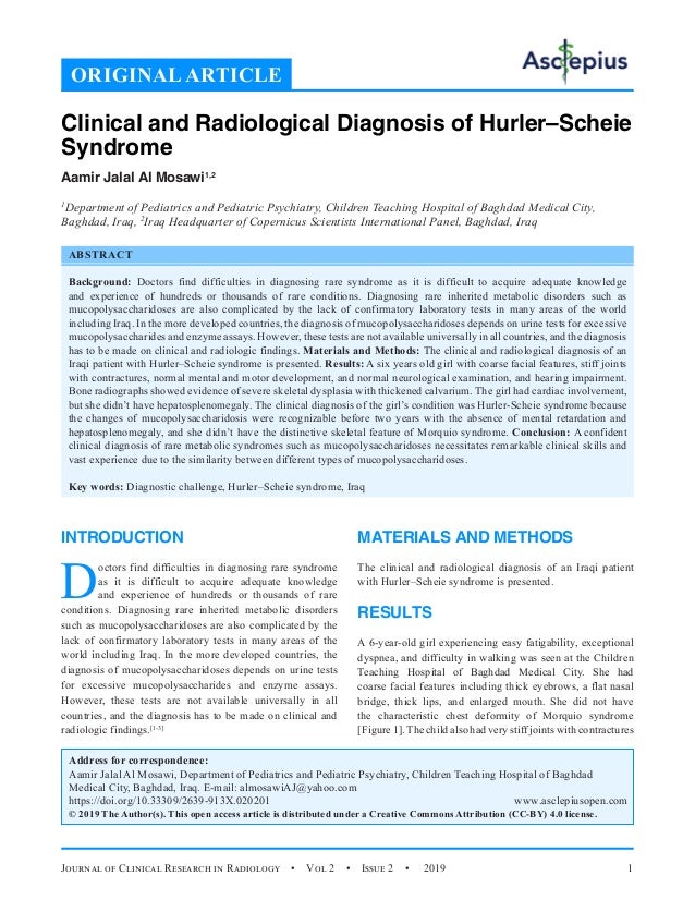 Clinical and Radiological Diagnosis of Hurler–Scheie Syndrome