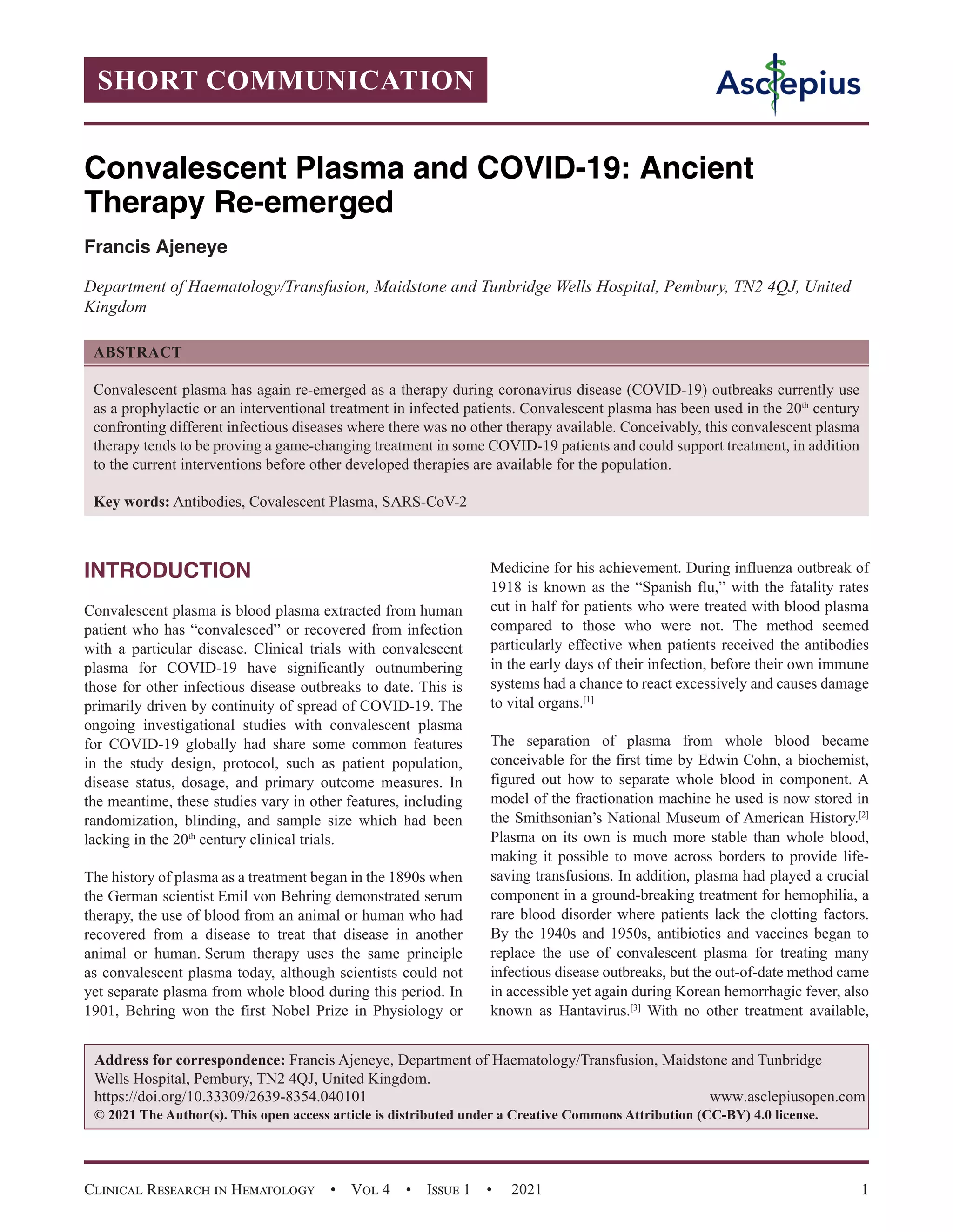Convalescent Plasma and COVID-19: Ancient Therapy Re-emerged | PDF