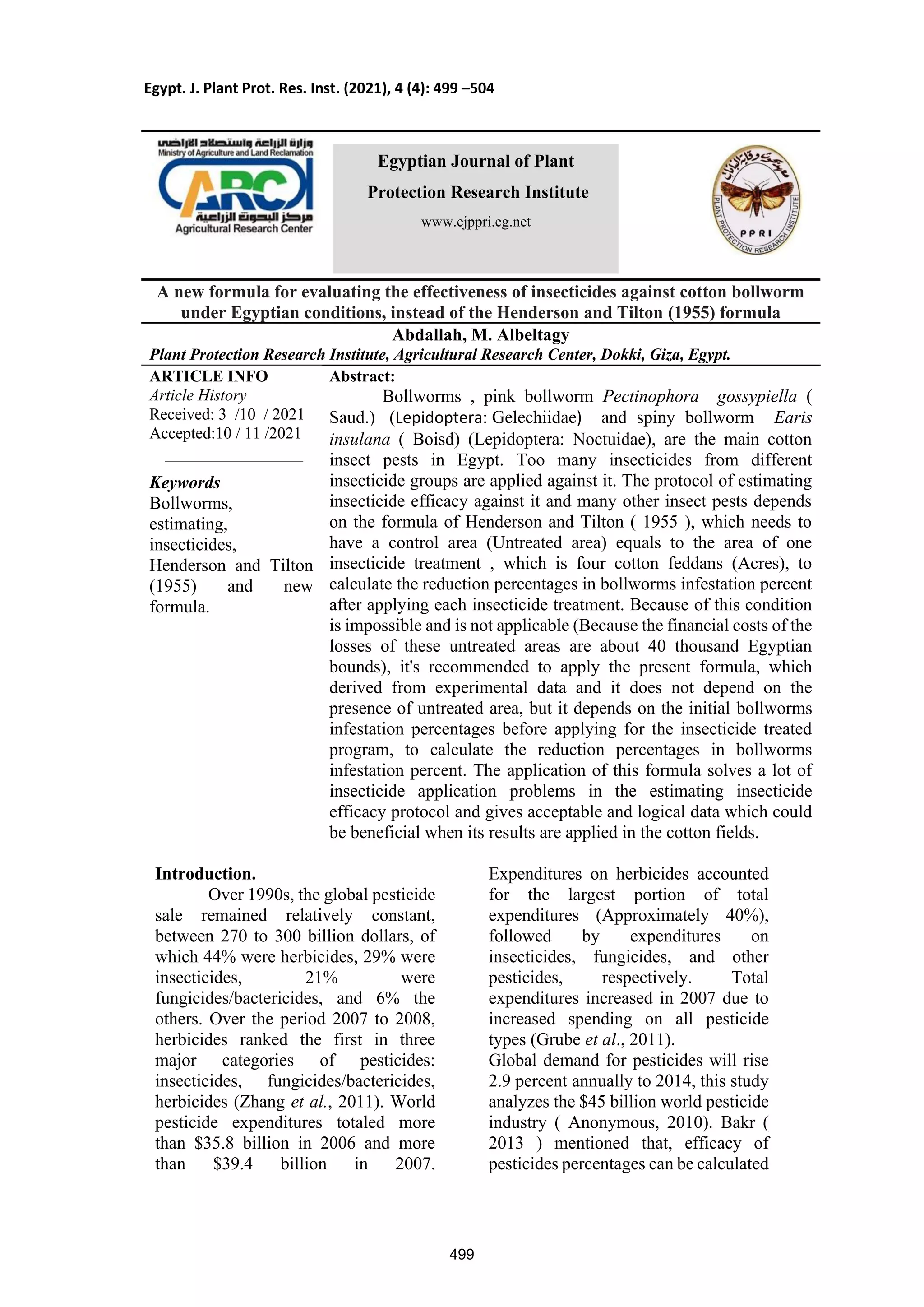 A new formula for estimating insecticides efficiency in cotton fields | PDF